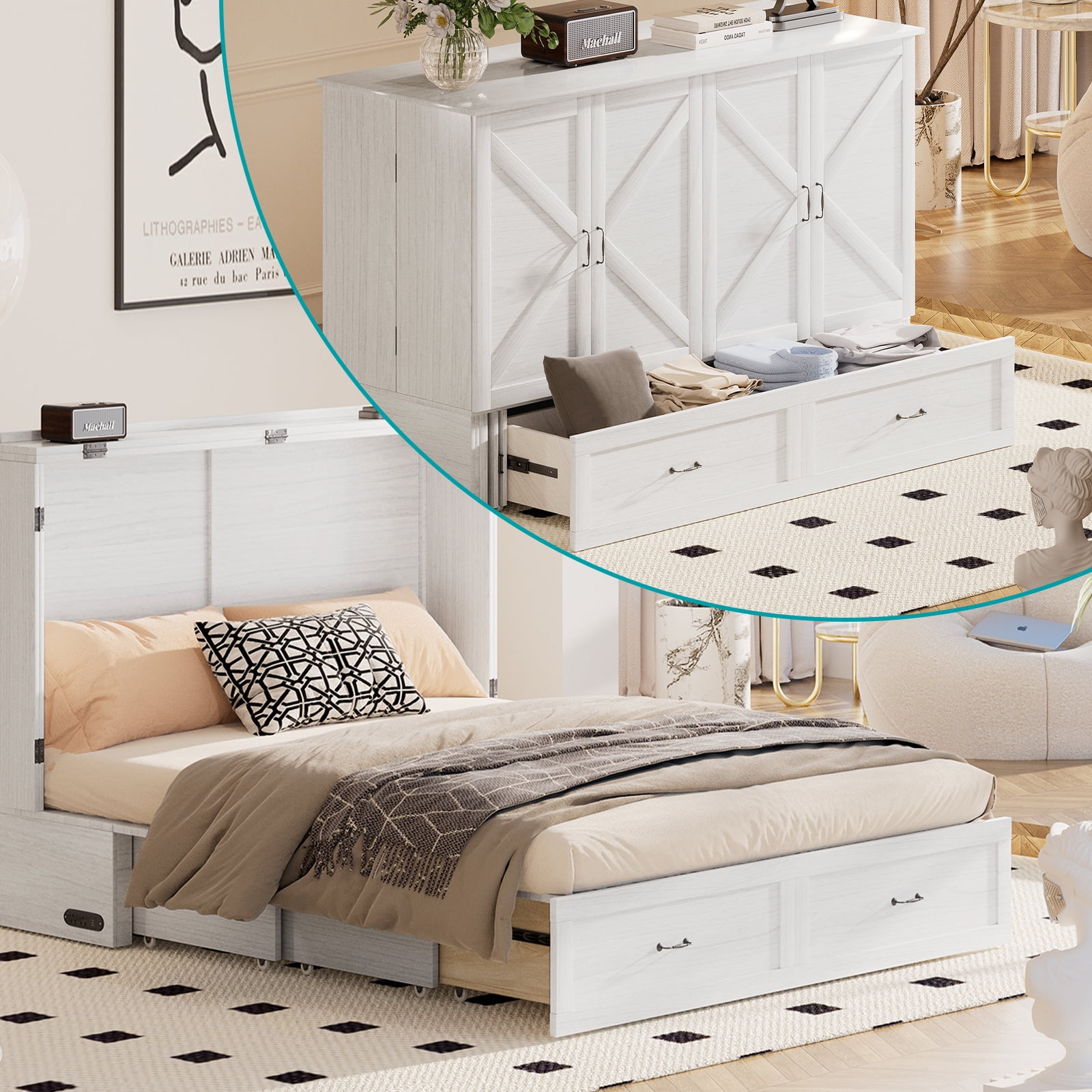 BALUS Murphy Cabinet Bed with Mattress, Cabinet Bed with Drawers ...