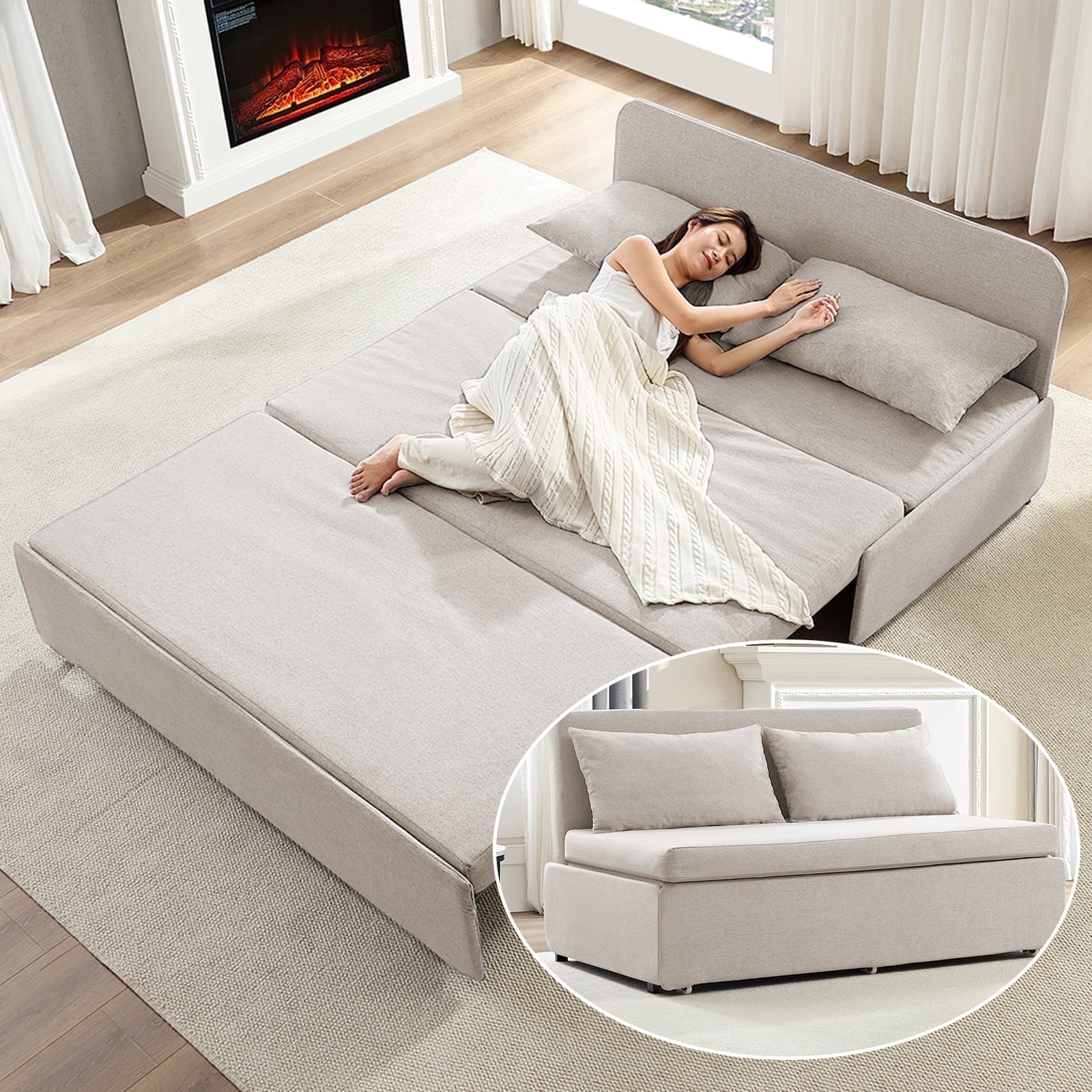 BALUS 62 " Linen Queen Size Pull Out Sofa Bed Include 2-Pillows ...