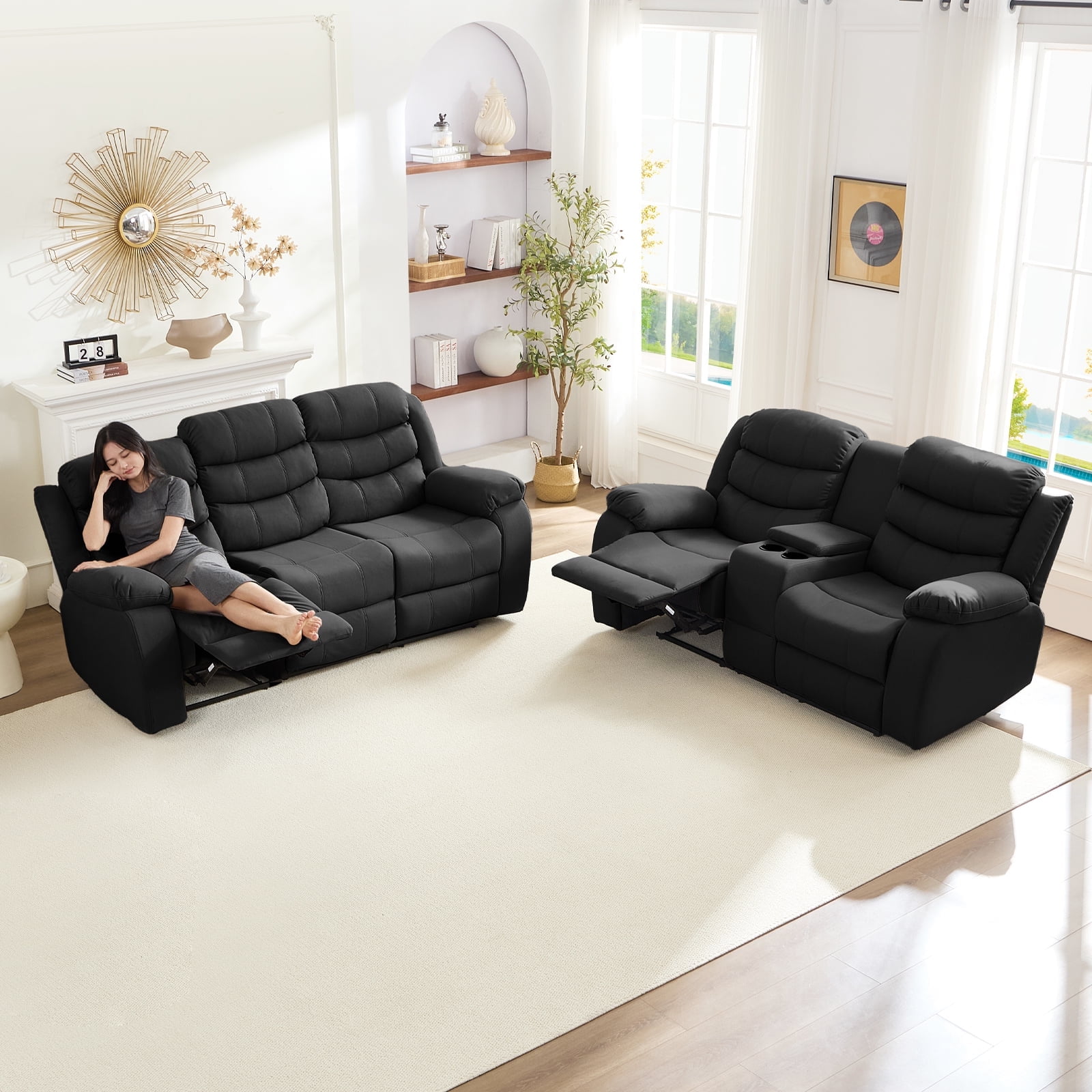 BALUS Recliner Sofa Sets with Storage & Cup Holders - Ergonomic Suede ...