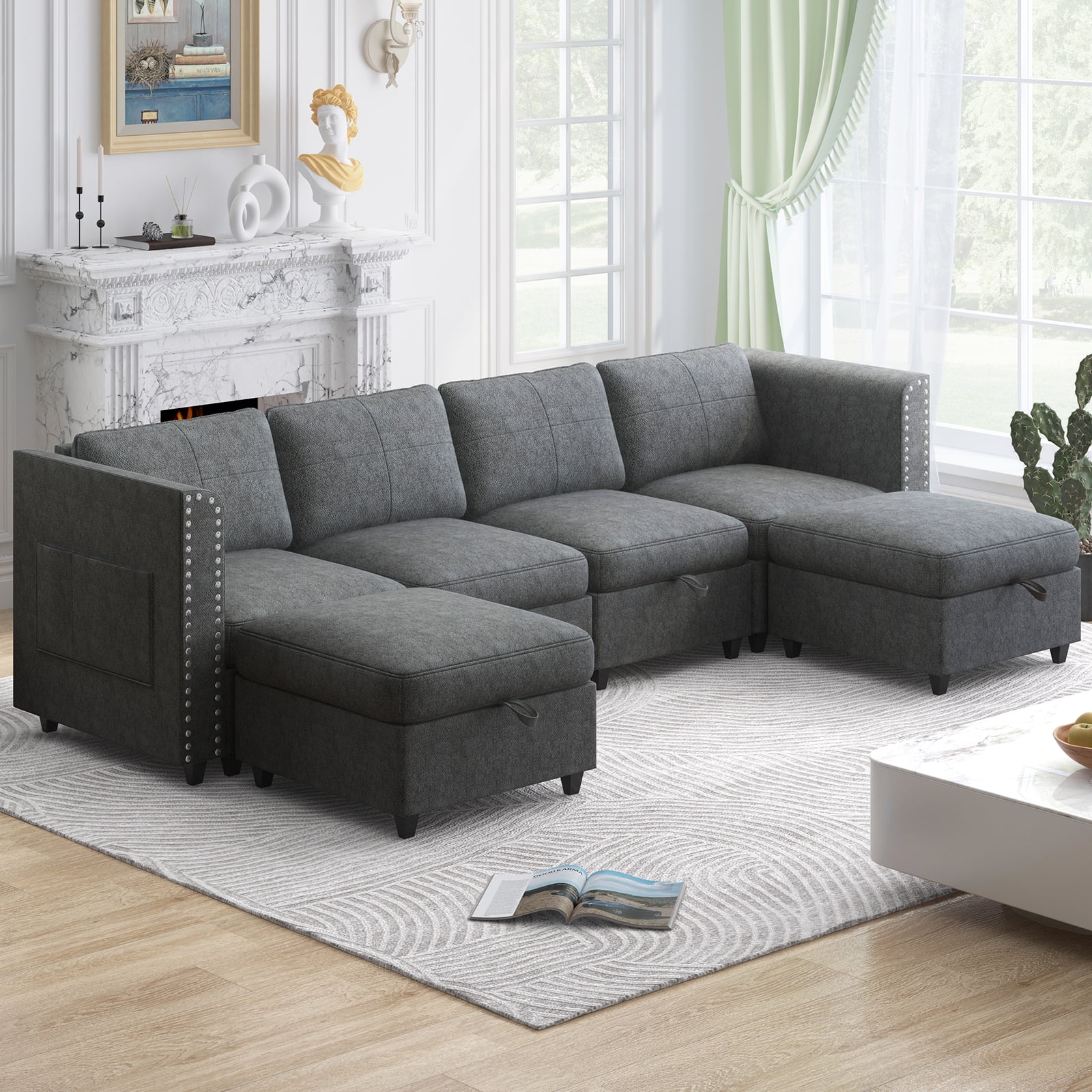 BALUS U Shaped Sectional Sofa with Movable Storage Ottomans, 6-Seats ...