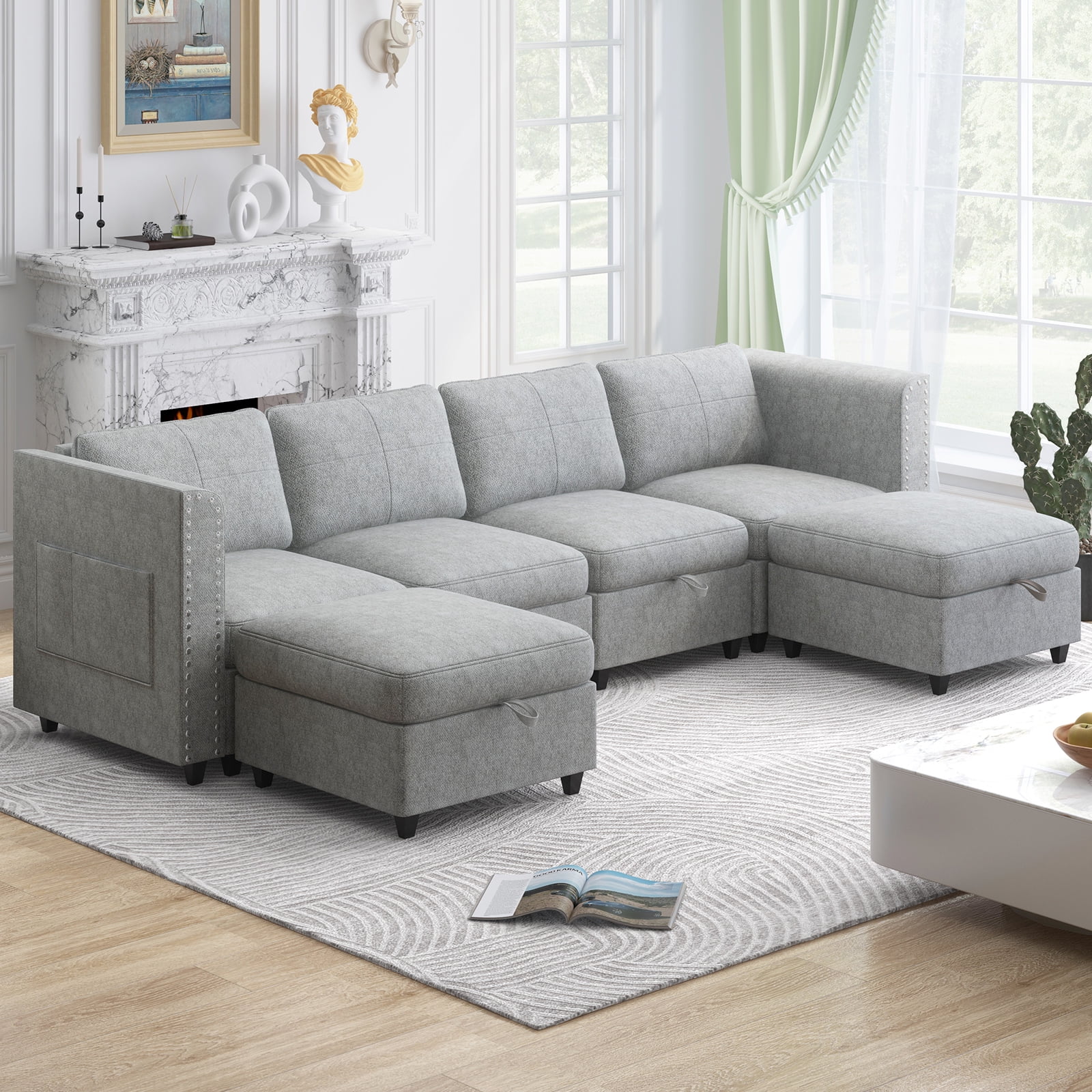 BALUS U Shaped Sectional Sofa with Movable Storage Ottomans, 6-Seats ...