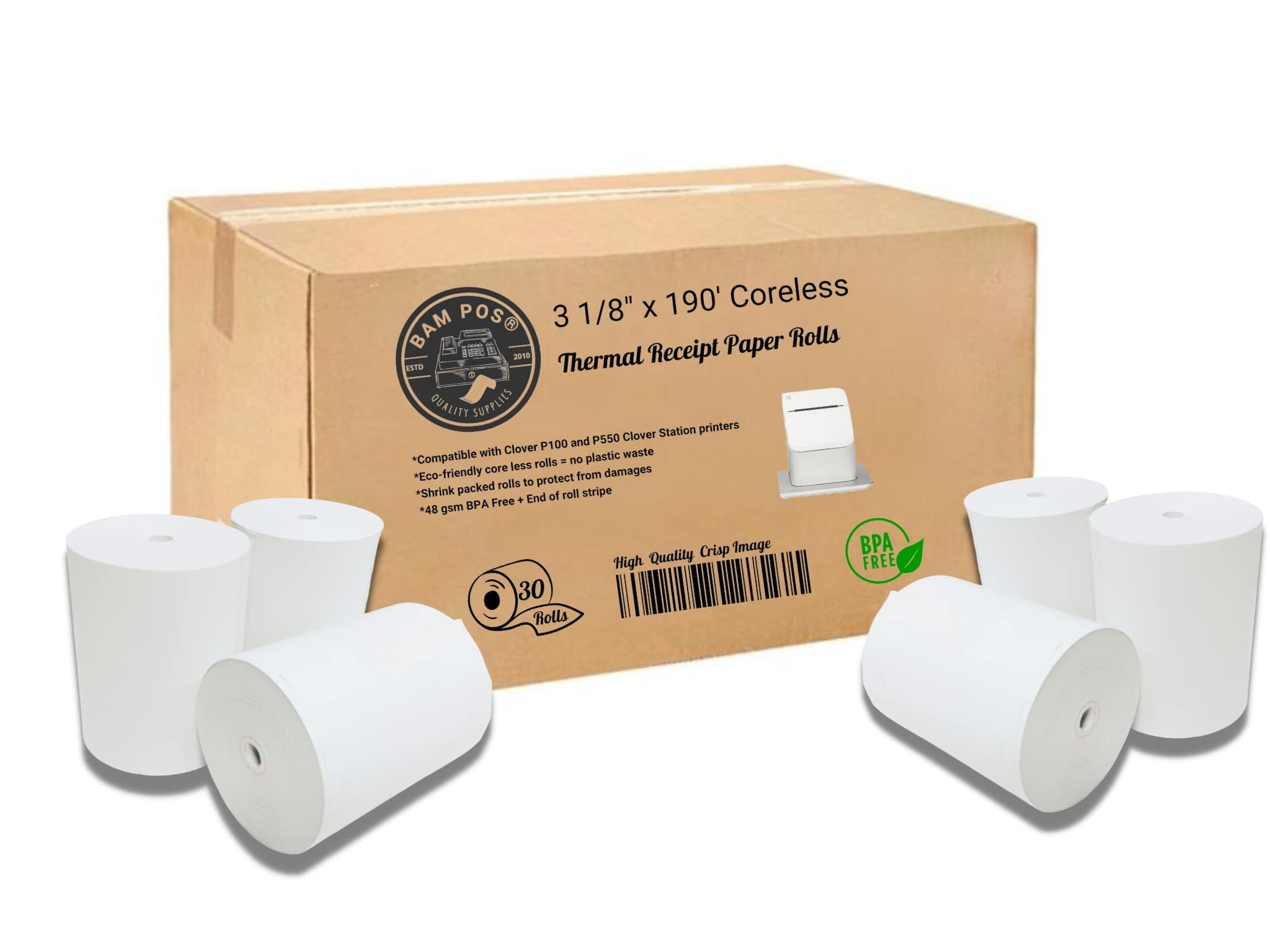 BAM POS 3 1/8 x 190 Thermal Paper Rolls - Large Receipt Roll ...