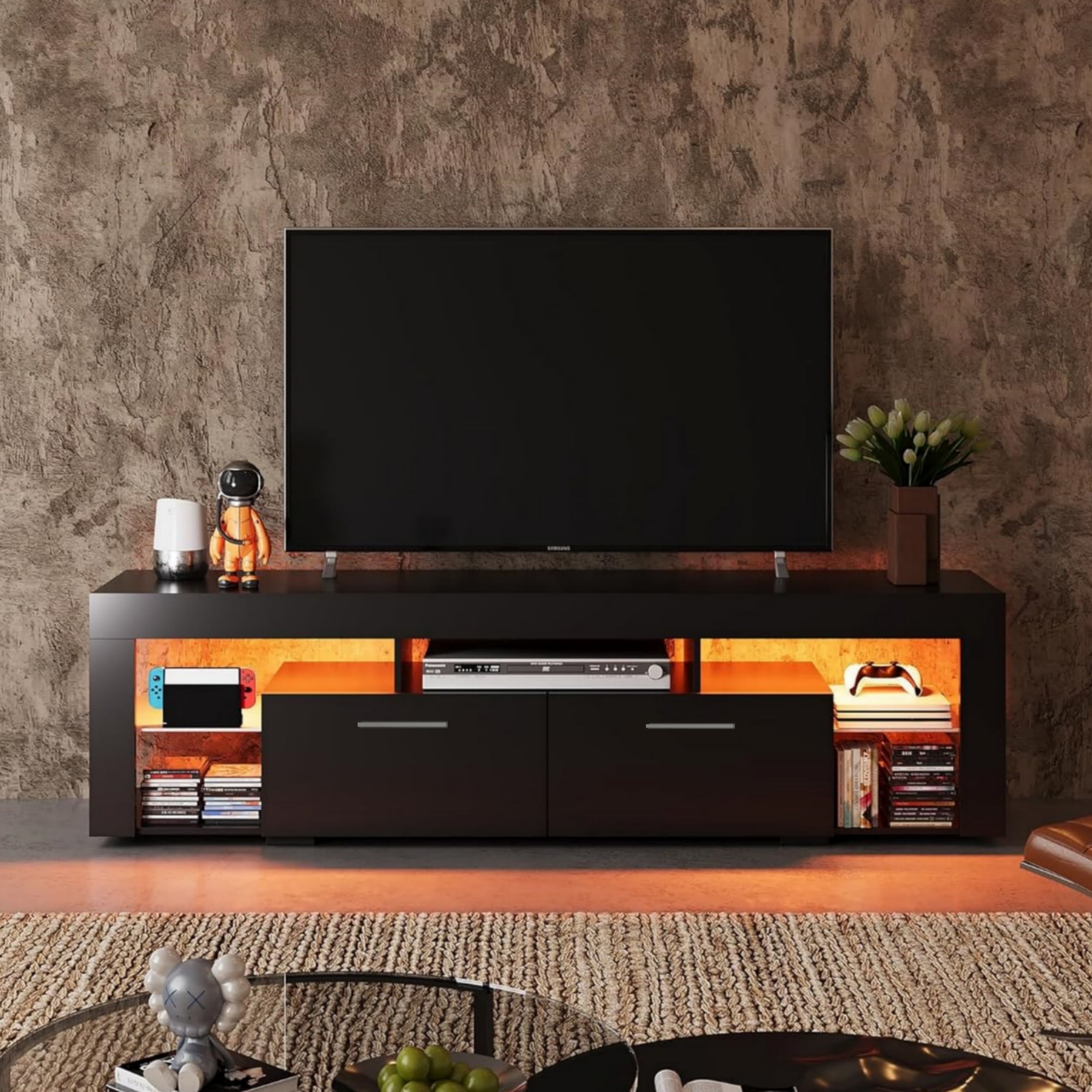 BAMACAR Black TV Stand for 70 Inch TV with Storage Entertainment Center ...