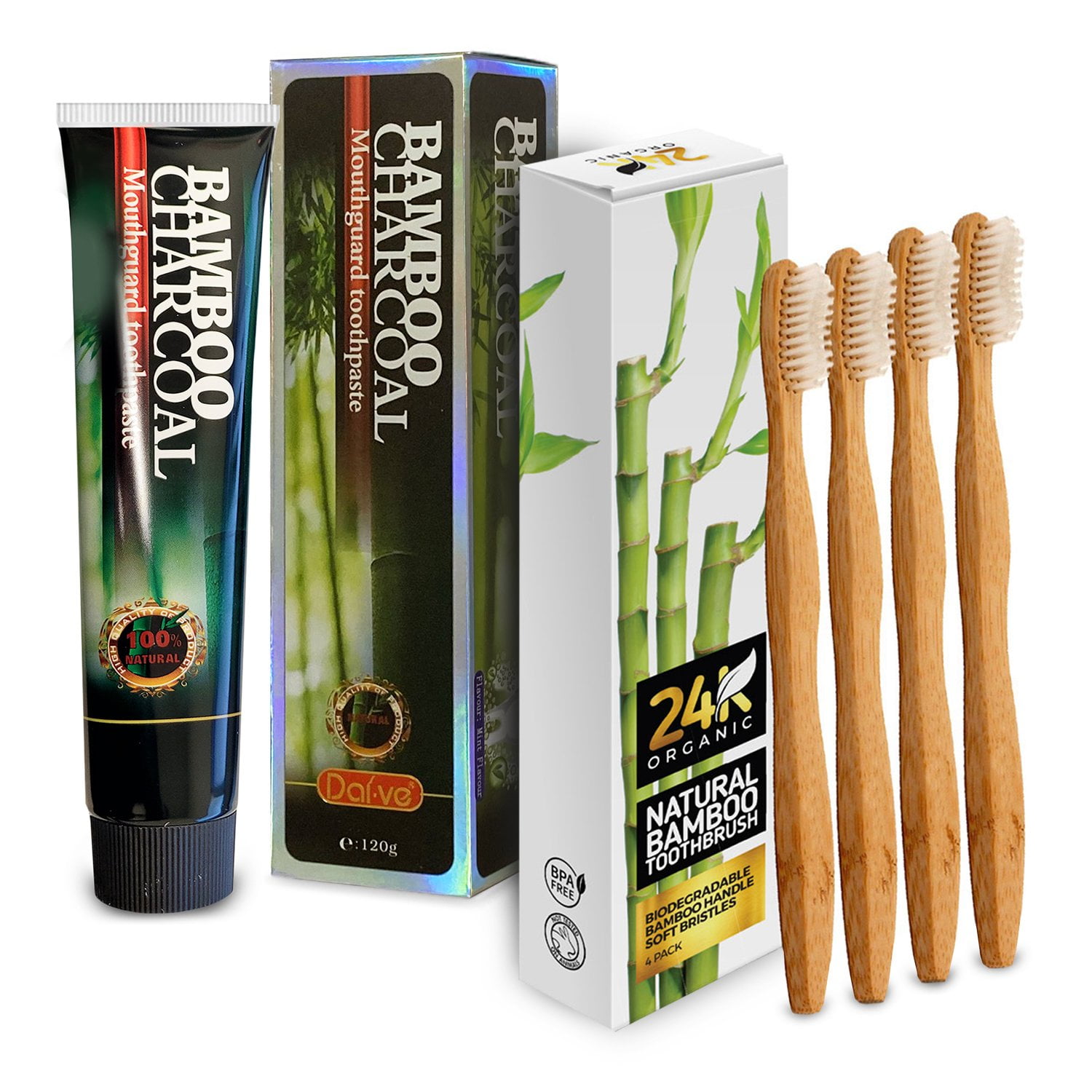 BAMBOO CHARCOAL TOOTHPASTE & TOOTHBRUSH SET 120g Toothpaste & 4 ...