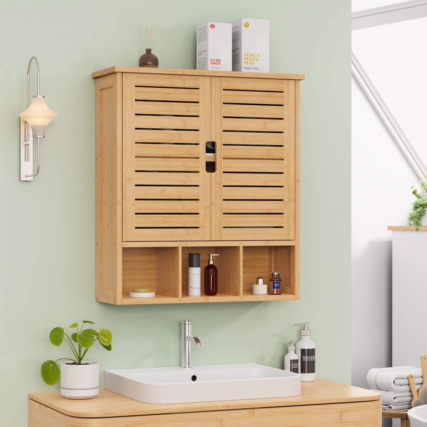 BAMBOOHOMIE Bathroom Wall Cabinet Bamboo Over The Toilet Storage Cabinet with Double Door and Adjustable Shelf Natural