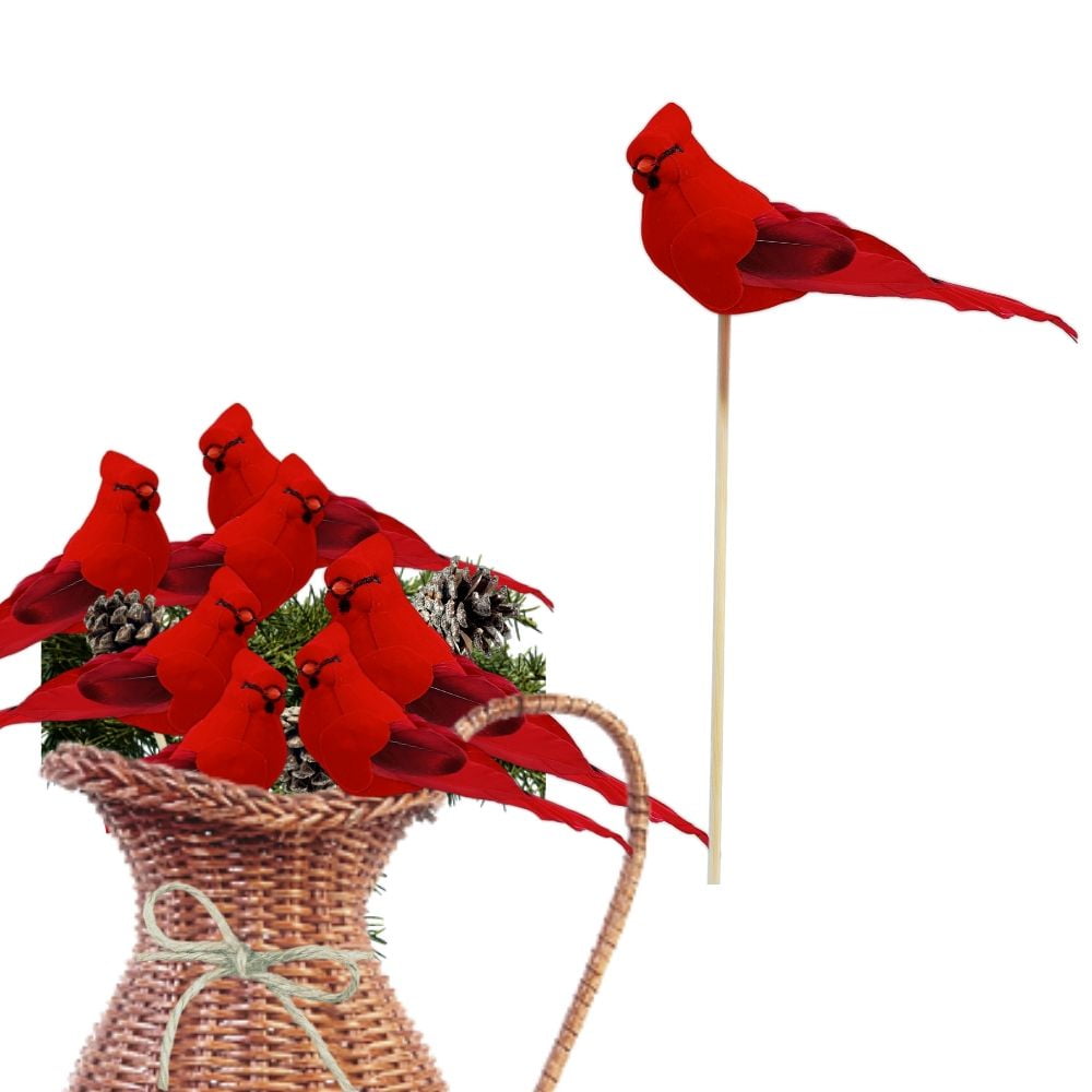 BANBERRY DESIGNS Cardinal Floral Picks - Red Cardinal Birds on a Wooden ...