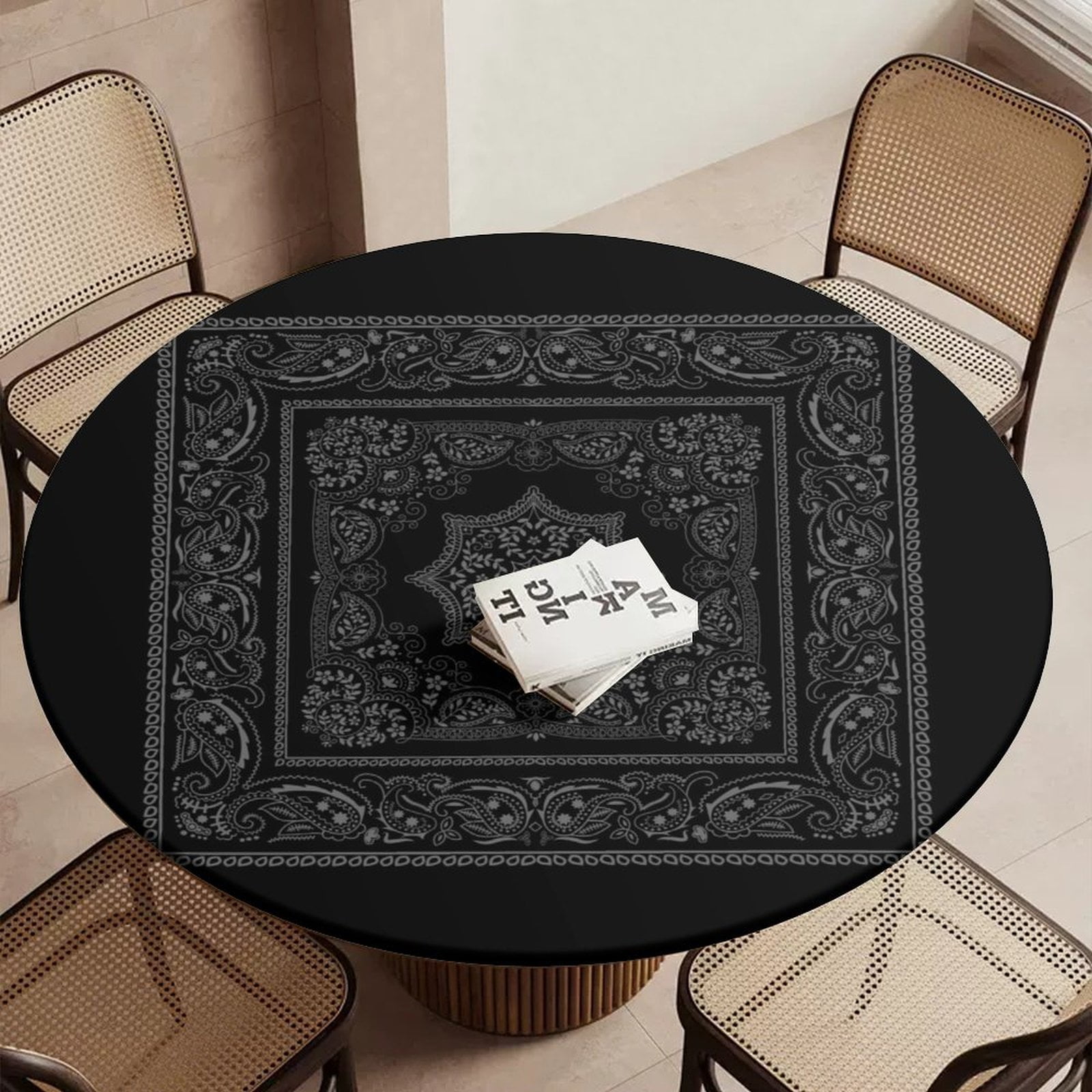 BANDANA BLACK GRAY Round Table Cover Kitchen Printed Waterproof ...