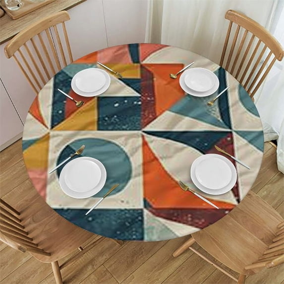 BANET Abstract Fitted Round Table Cloth, Retro Mosaic Tiles Lines Print ...