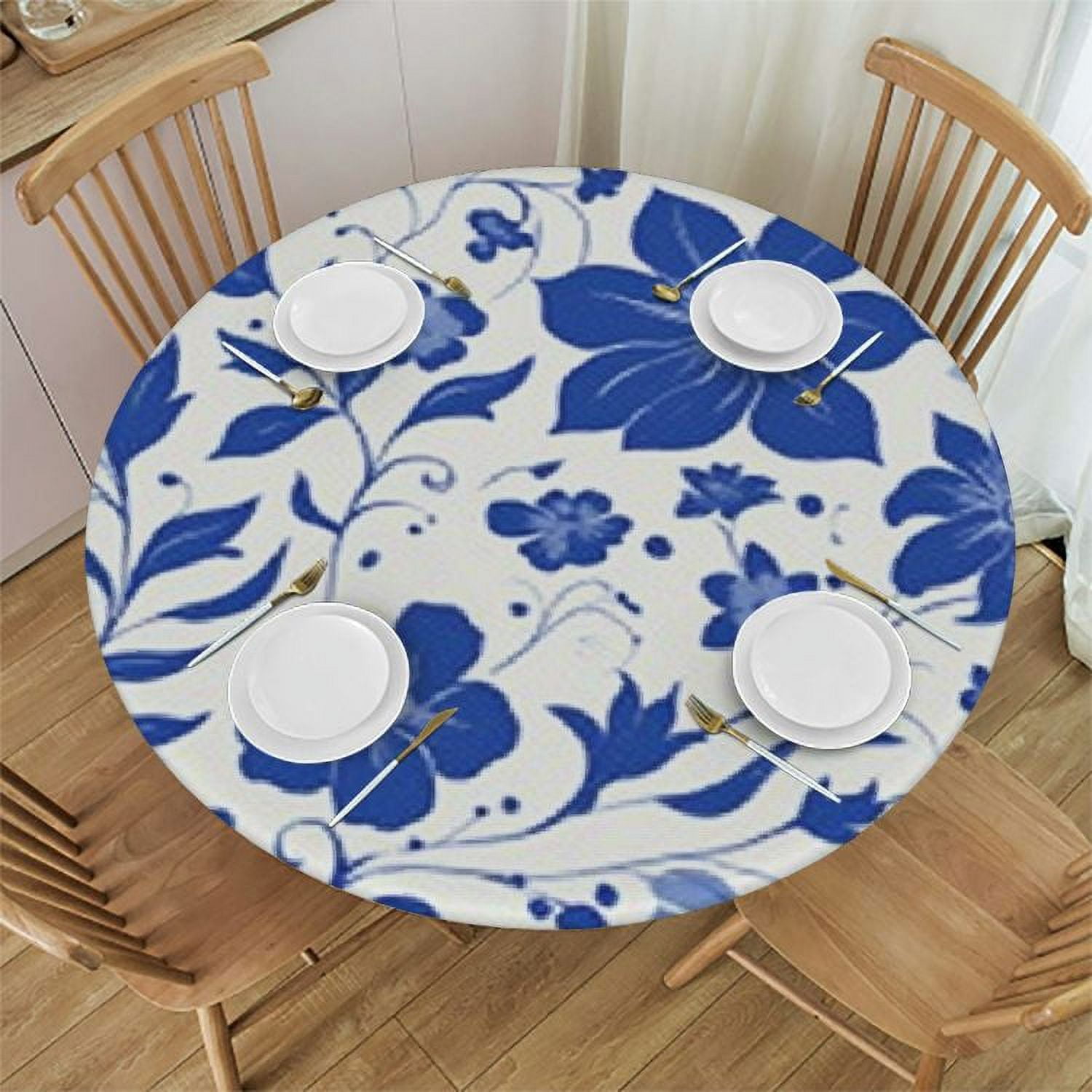 BANET Blue and White Porcelain Print Round Tablecloth Elastic Fitted ...