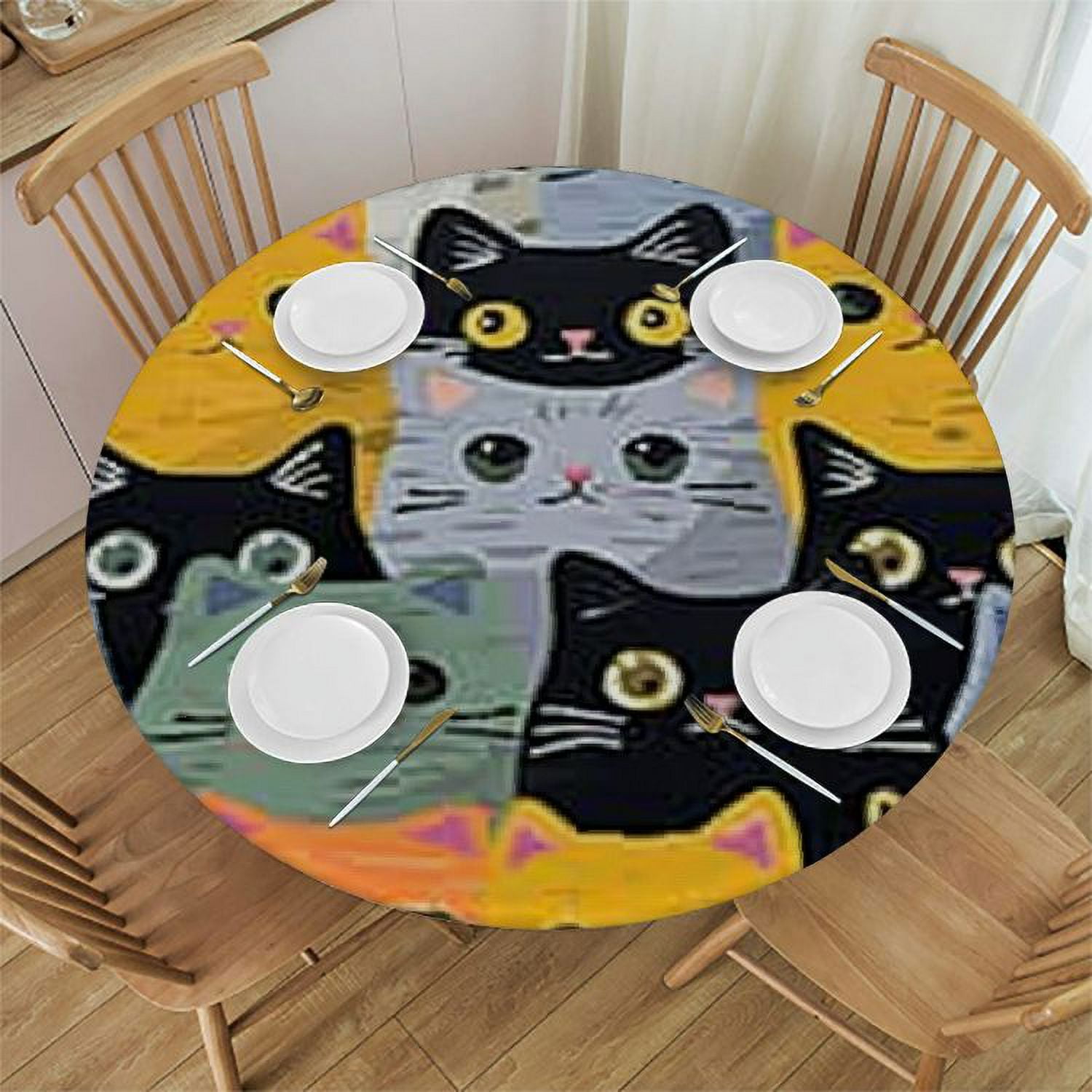 BANET Cute Cartoon Cat Elastic Edged Round Fitted Table Cloth Cover ...