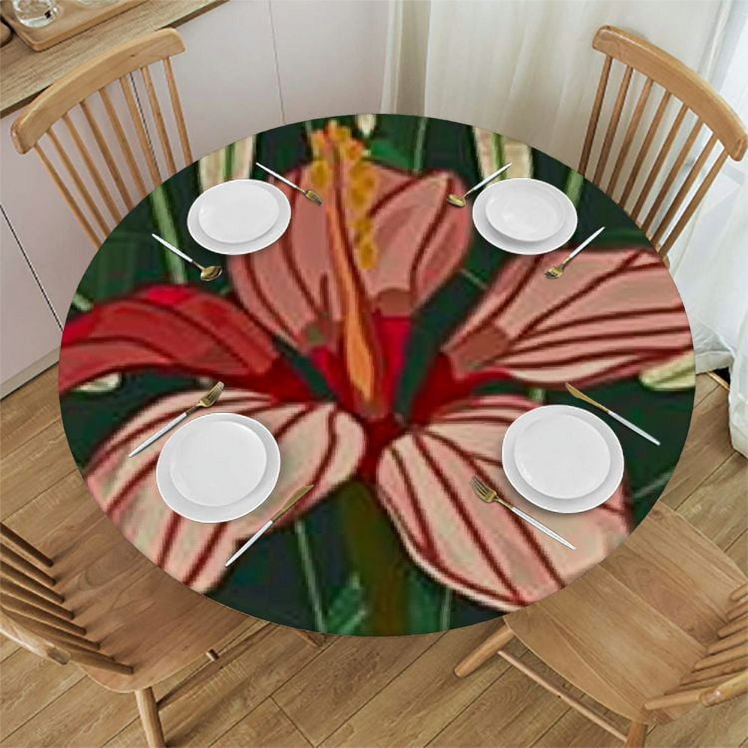 BANET Elastic Edge Fitted Round Tablecloth Design Heavy Tropical Flower ...