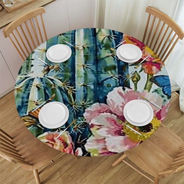 BANET Fitted Round Tablecloth Cactus,Cacti Flowers Watercolor Rose ...