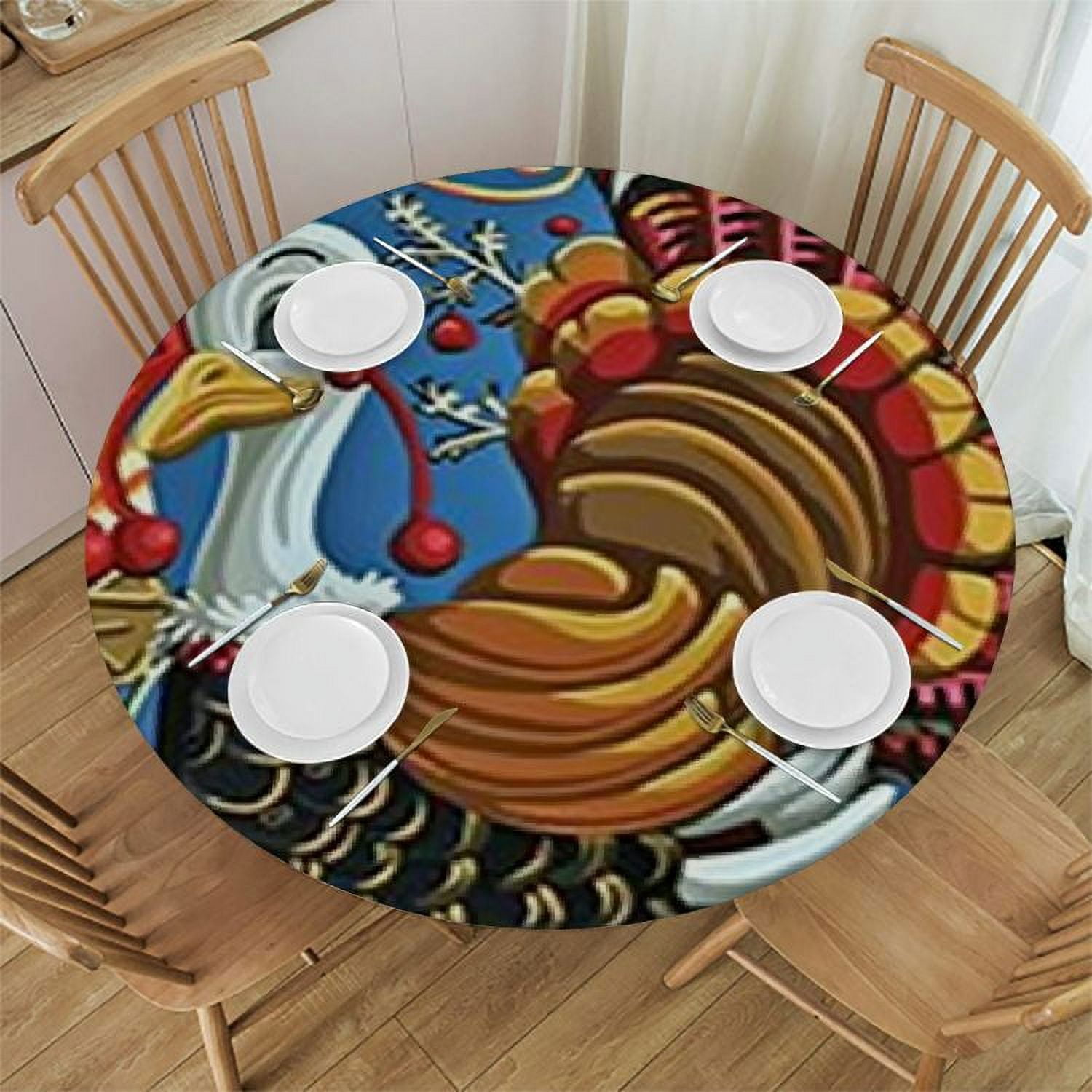 BANET Fitted Round Tablecloth , Cartoon Turkey Pumpkin Fallen Leaves ...