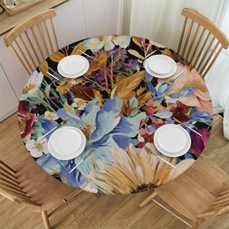 BANET Fitted Round Tablecloth Colorful Flowers,Art Abstract Flower ...