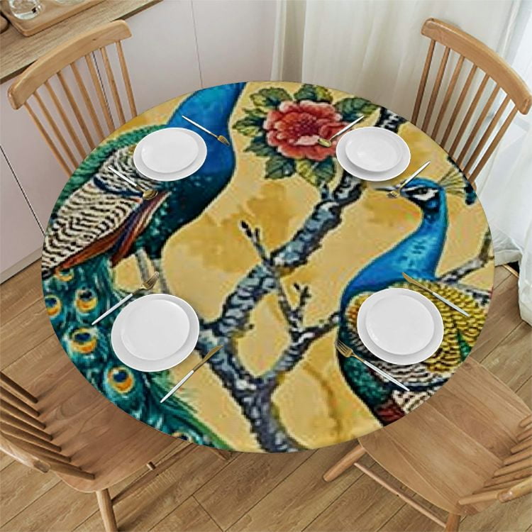 BANET Fitted Round Tablecloth Watercolor Peacocks,Cherry Tree Flower ...