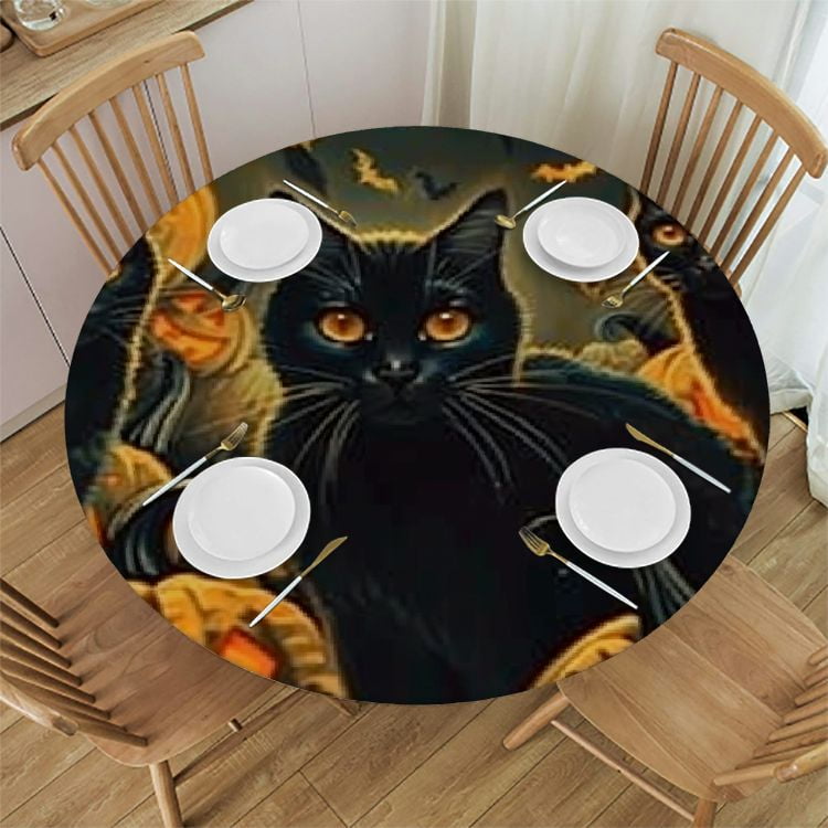 BANET Halloween Funny Pumpkin Table Cloth Round Scary Black Cats ...