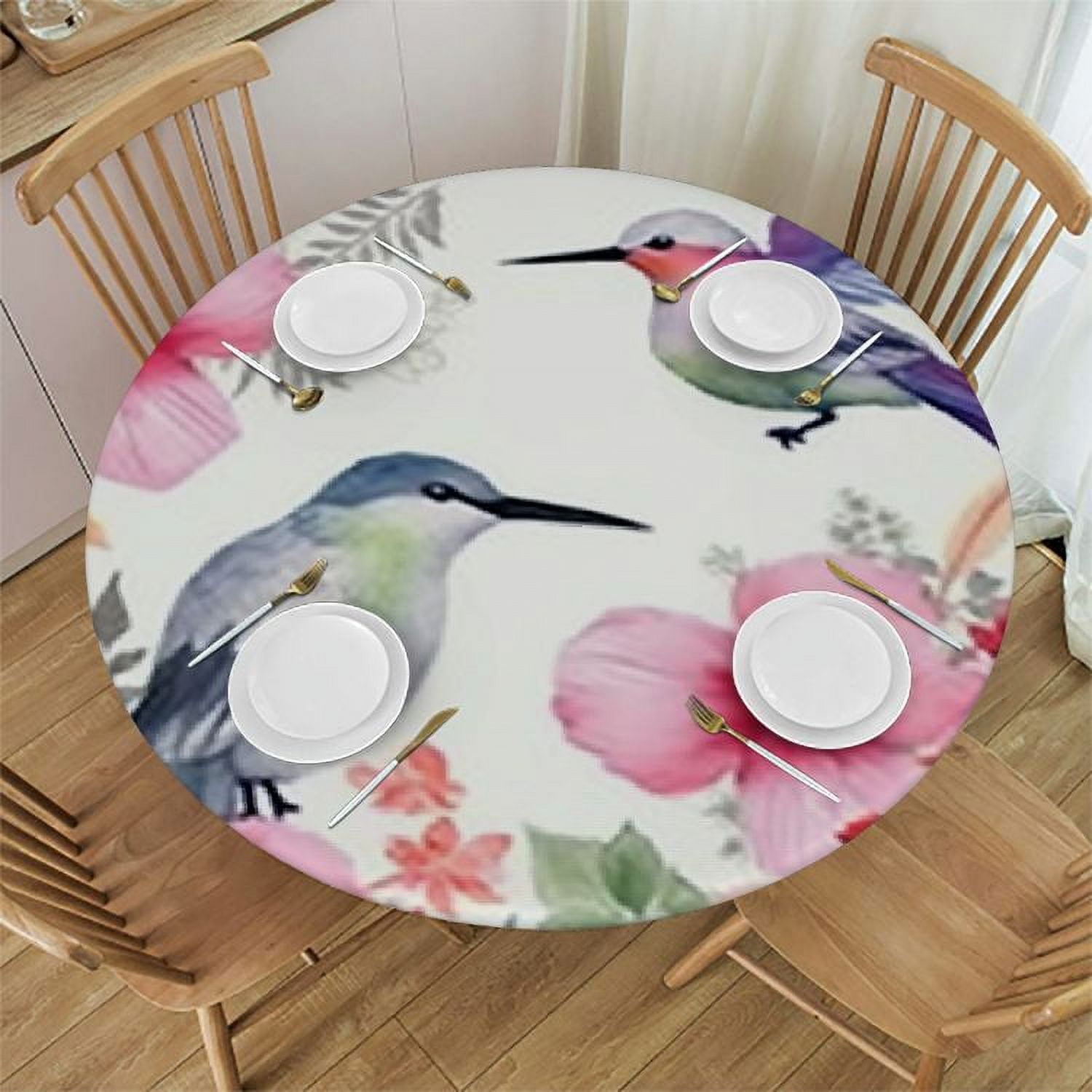 BANET Hummingbirds Round Fitted Tablecloth, Tropical Flowers with ...
