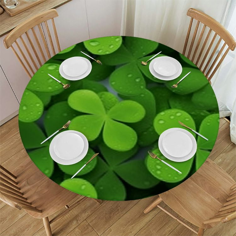 BANET Lucky Clover Theme Tablecloth Round Polyester Fitted Table Cover Elastic Edged, St ...