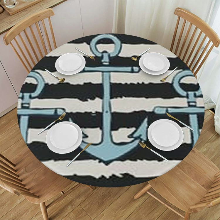 BANET Navy Blue Round Tablecloth, Anchors Theme Print, White Striped ...