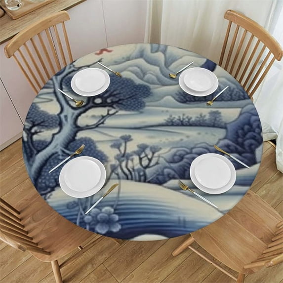 BANET Pagoda Chinoiserie Asian Round Tablecloths Blue and White Table ...