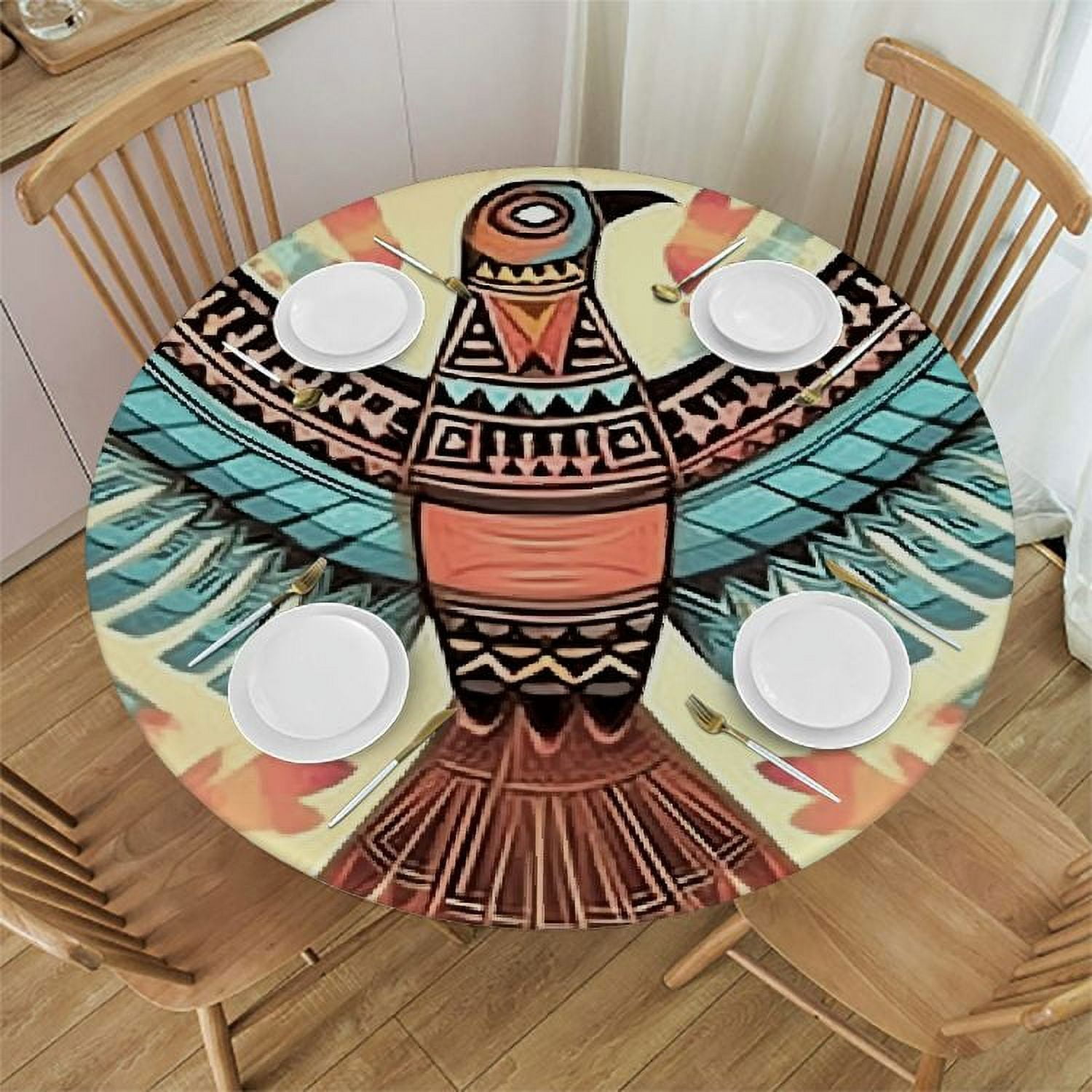 BANET Round Fitted Tablecloth, Aztec Print Polyester Table Cloth, Bird ...