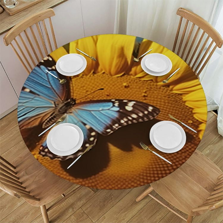BANET Round Fitted Tablecloth, Wood Grain Sunflower Elastic Edge Home ...