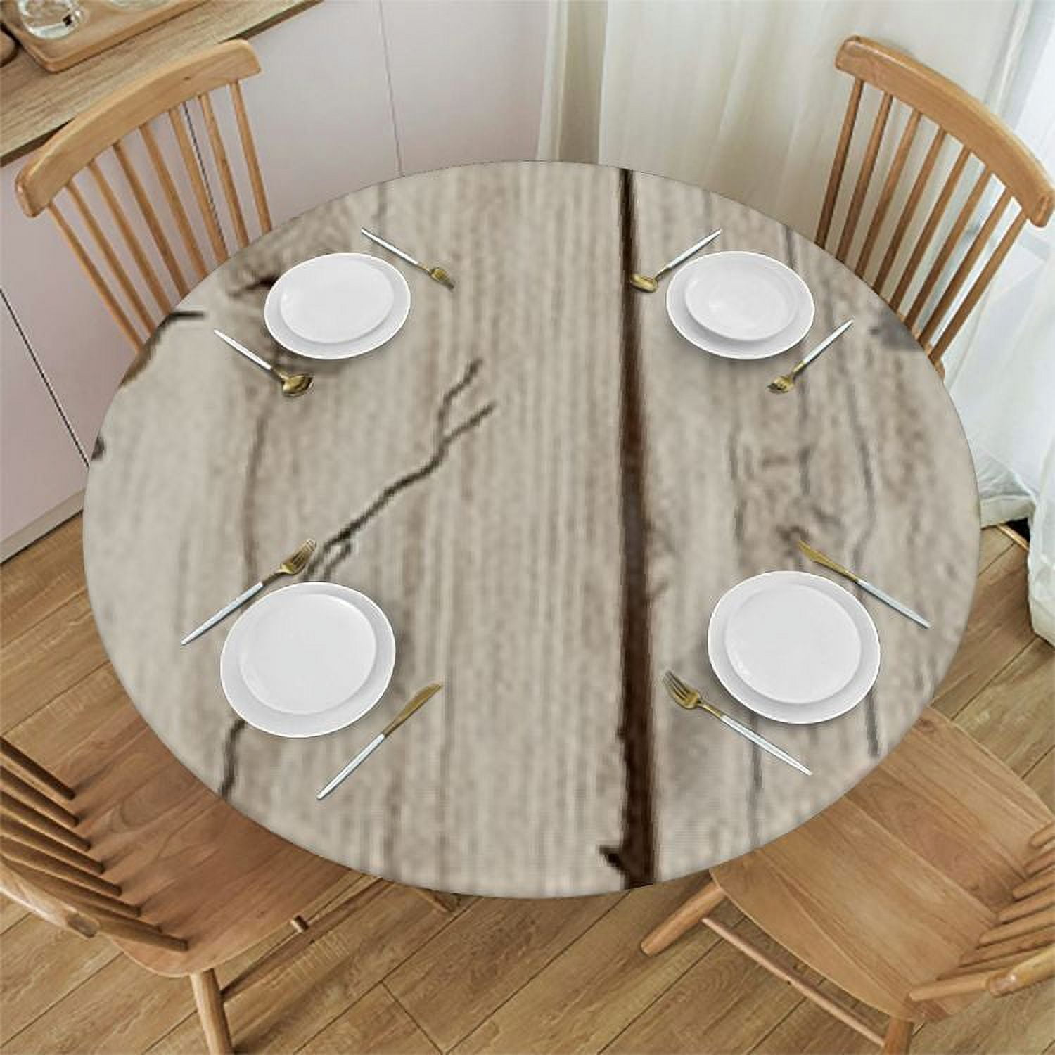 BANET Round Fitted Tablecloths, Wood Grain Floral Elastic Edge Home ...