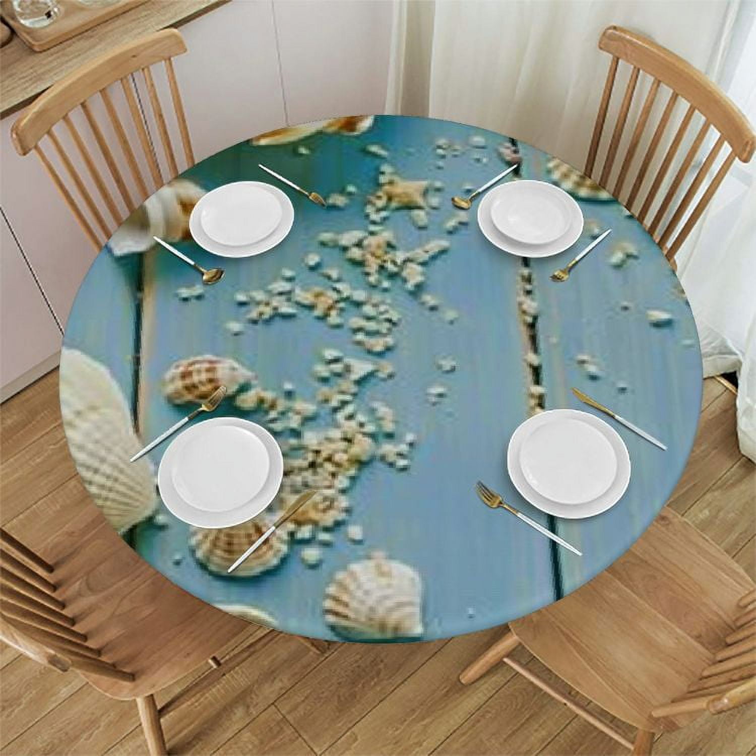 BANET Seashell Round Tablecloth, Summer Ocean Starfish on Blue Wooden ...