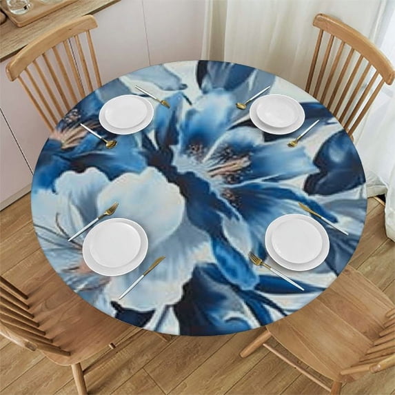 BANET Spring Navy Blue Tablecloth Round , Dark Blue and White Flower ...