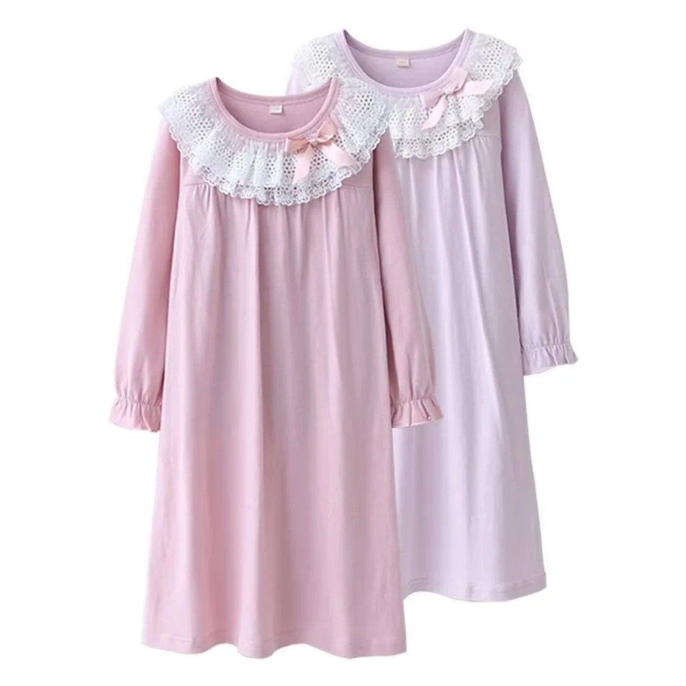 BANGSAUR Girls Nightgown Princess Lace Cotton Sleepwear Dress Homewear ...