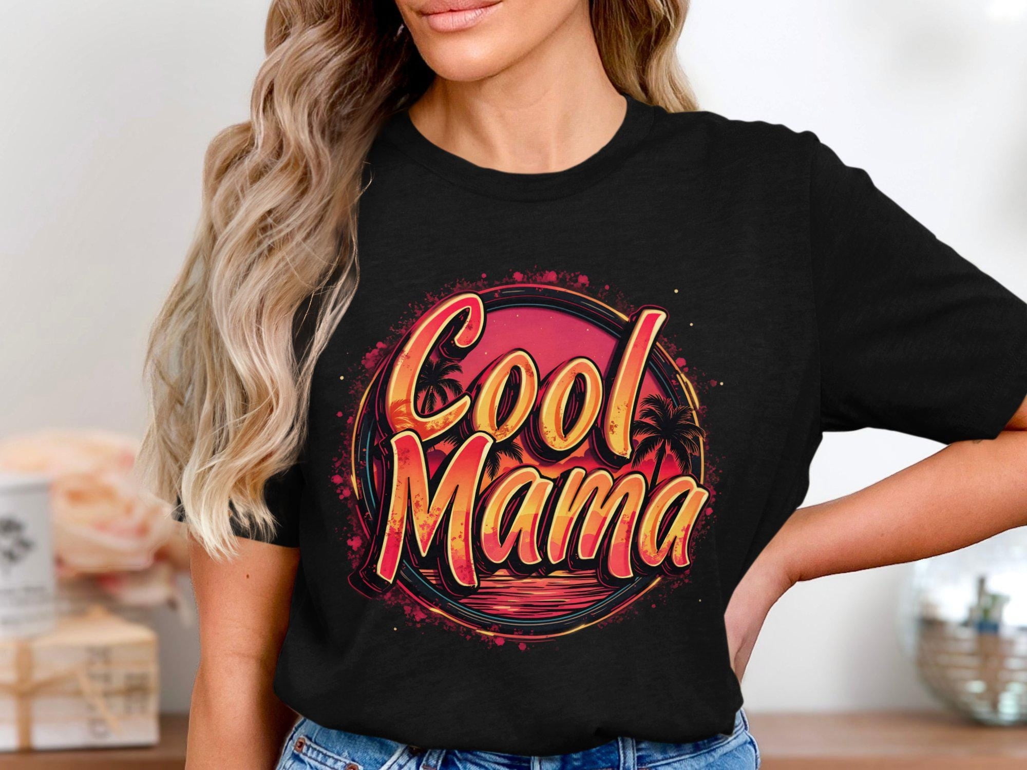 BANJOJO Cool Mama T-Shirt, Retro Sunset Palm Tree Graphic Tee For Moms ...