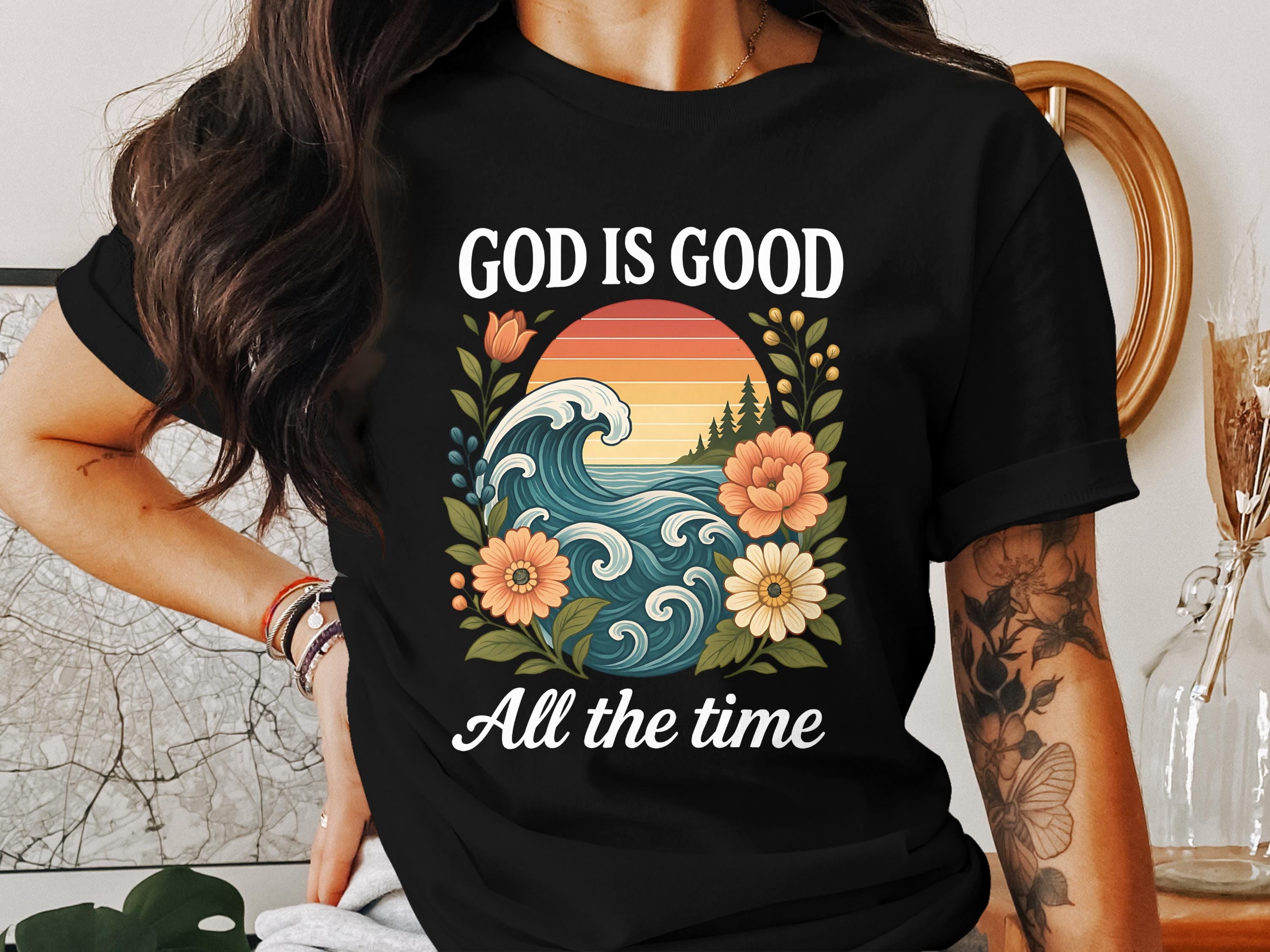 BANJOJO Floral Wave T-Shirt, Ocean Graphic Tee, Retro Sunset Shirt ...