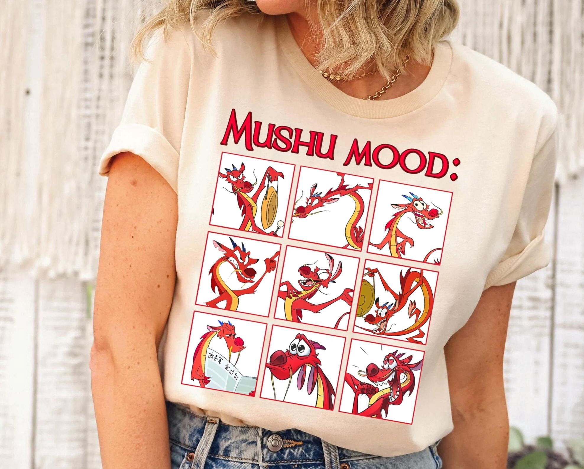 BANJOJO Retro Disney Mulan Mushu Mood Shirt | Cute Face Emotion Of ...