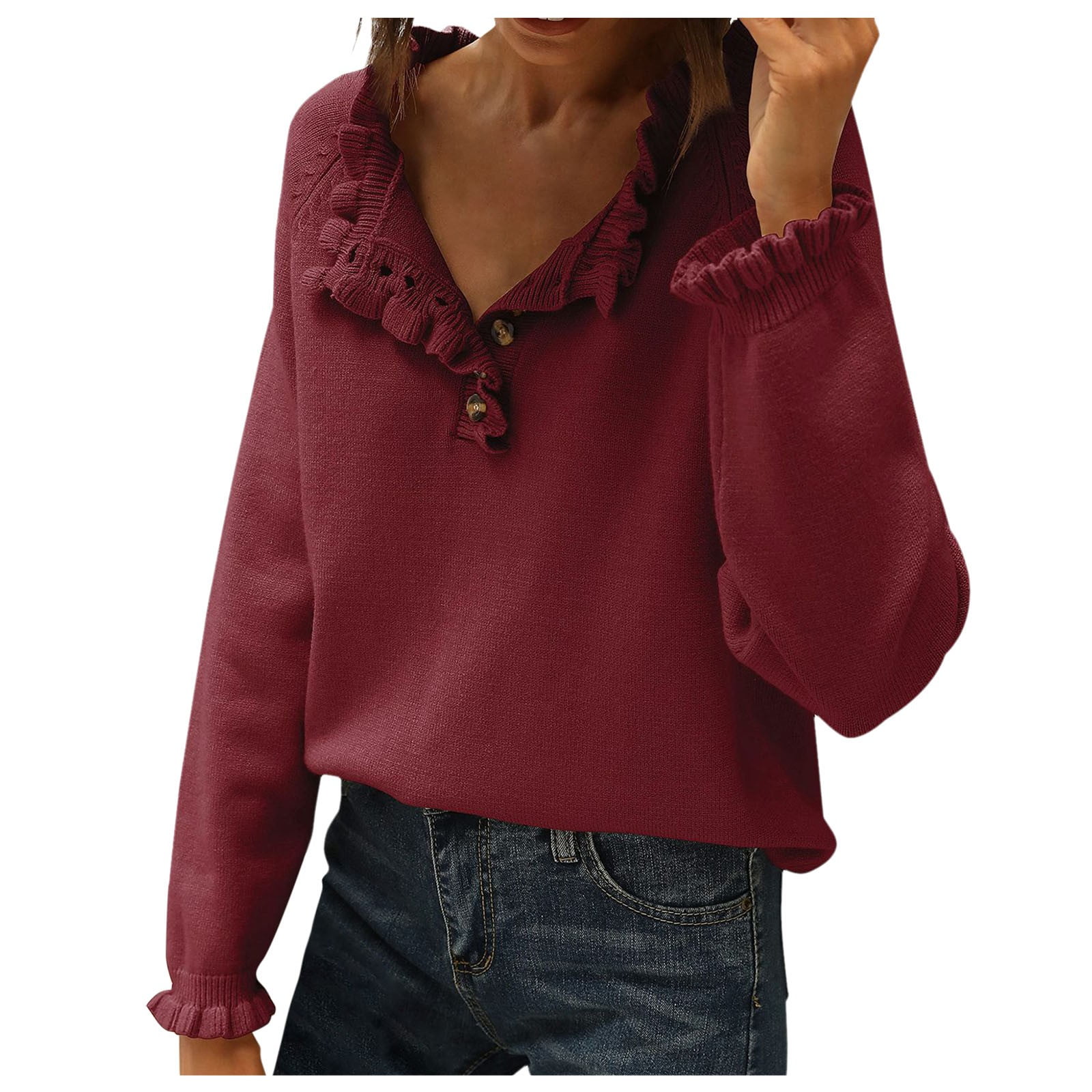 BAODANN Autumn And Winter Women's Knitting New Casual Long Sleeve Button Ruffle Pullover Mens 1/ ...