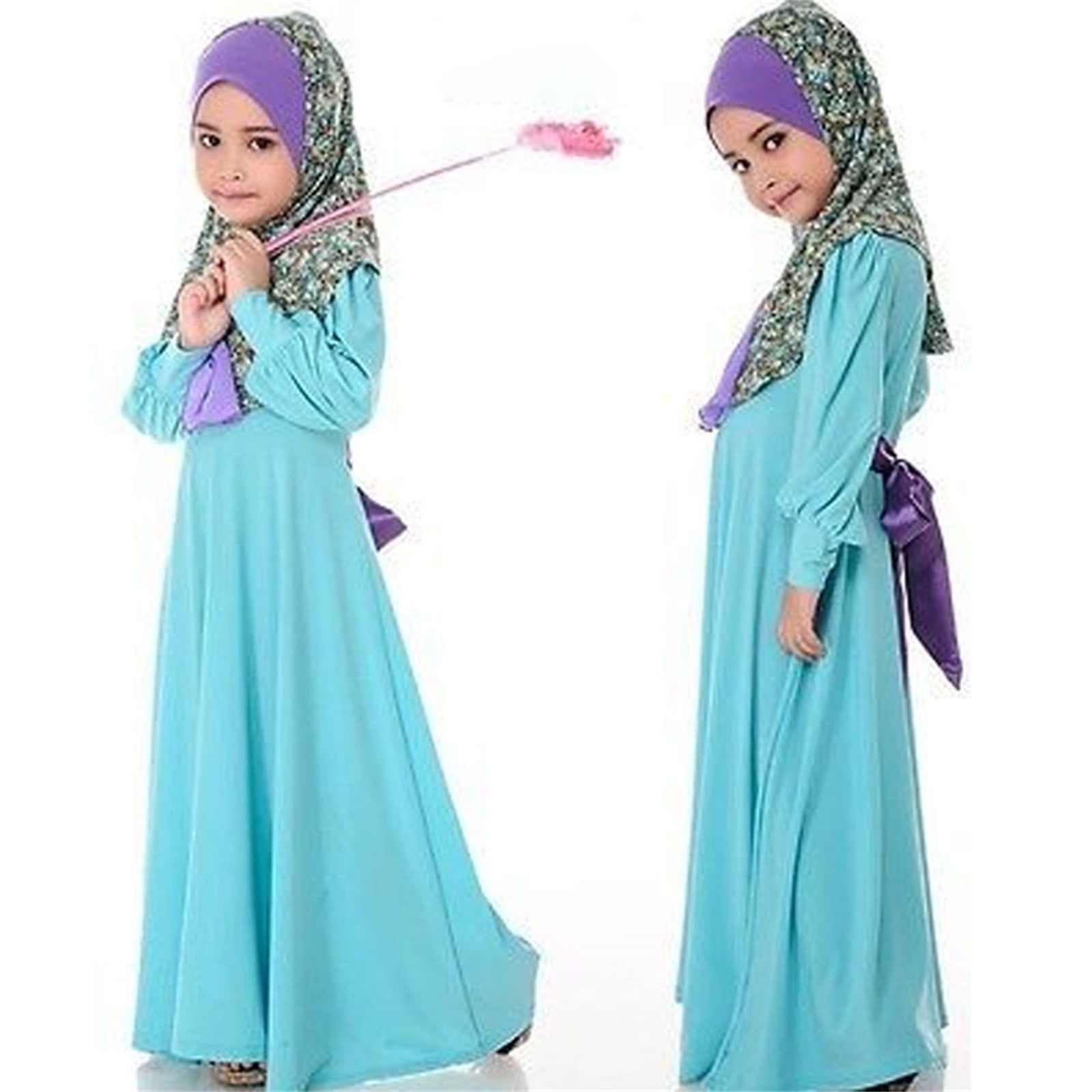 BAODANN Baby Girl Kids Long Abaya With Floral Hijab Long Sleeves Dress ...