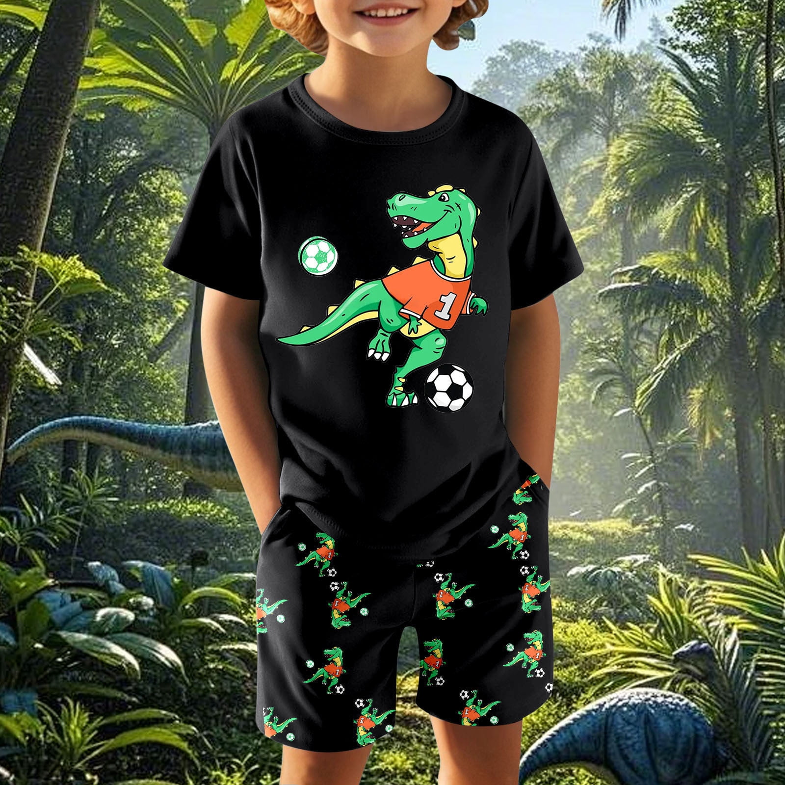 BAODANN Boys Dinosaur Print T Shirt And Shorts Outfits Set For Casual ...