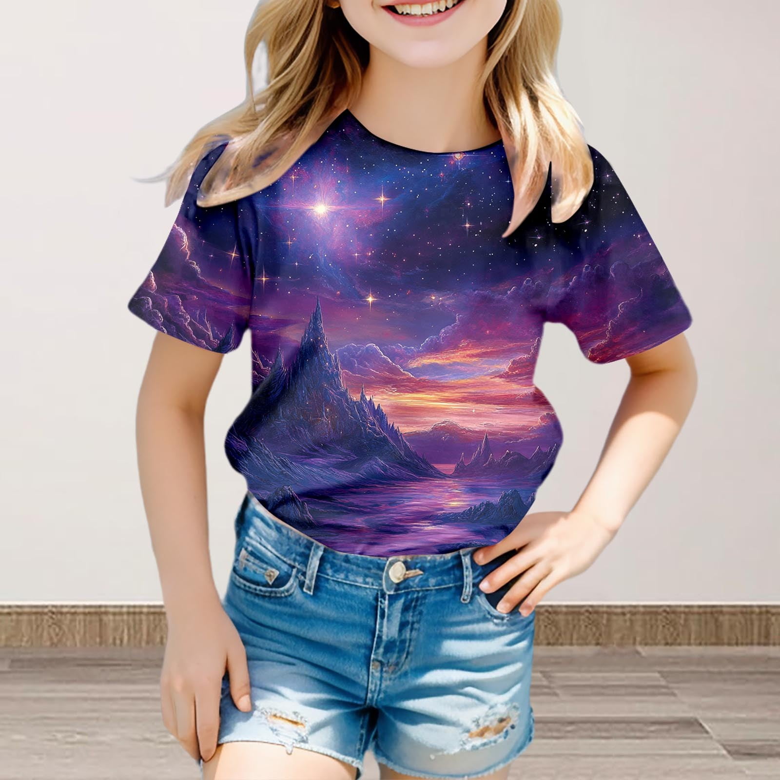 BAODANN Galaxy Shirt Girl's Short Sleeve Crew Neck Fancy T Shirt Top ...