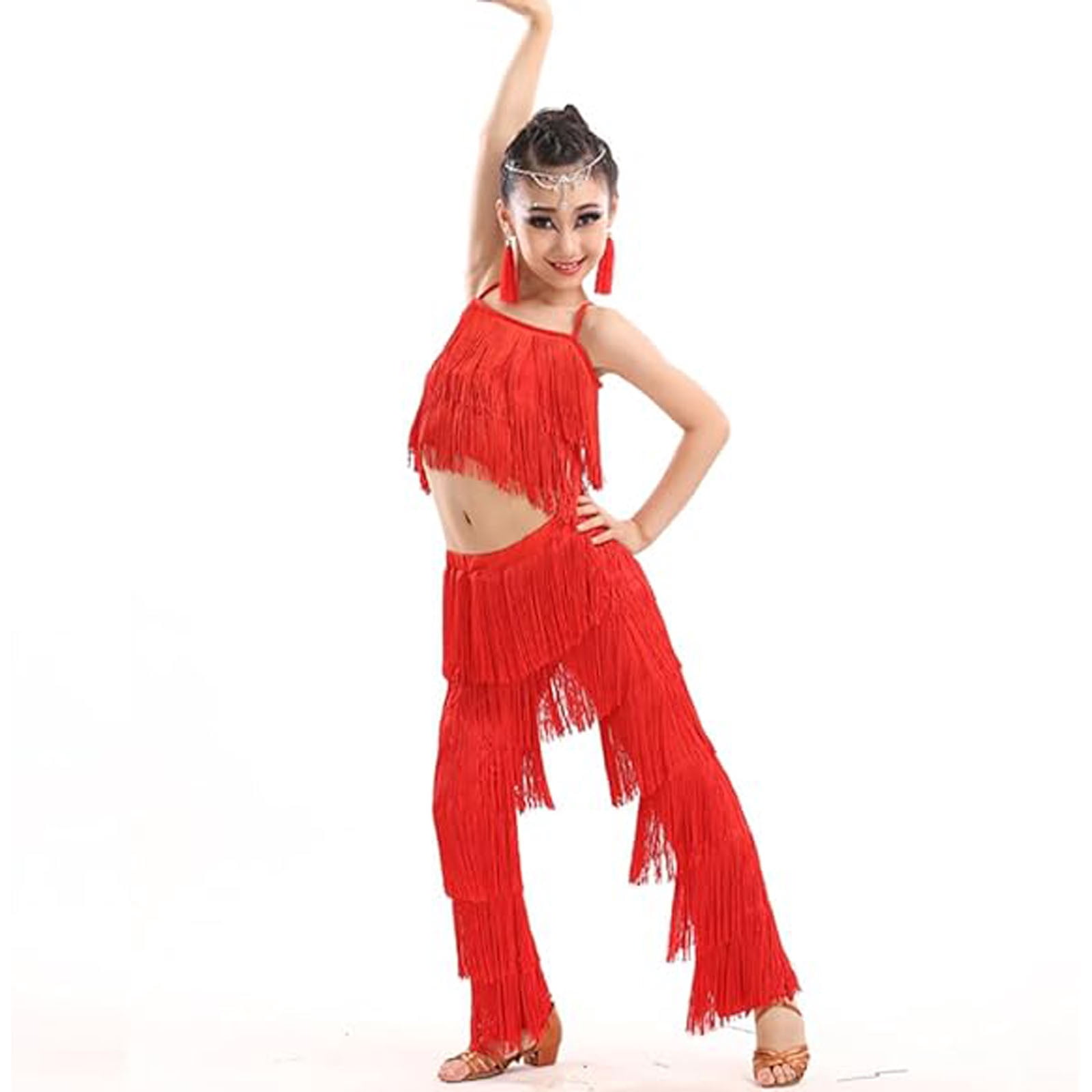 BAODANN Girls 2 Piece Latin Ballroom Dance Outfits Set Tassel Camisole ...