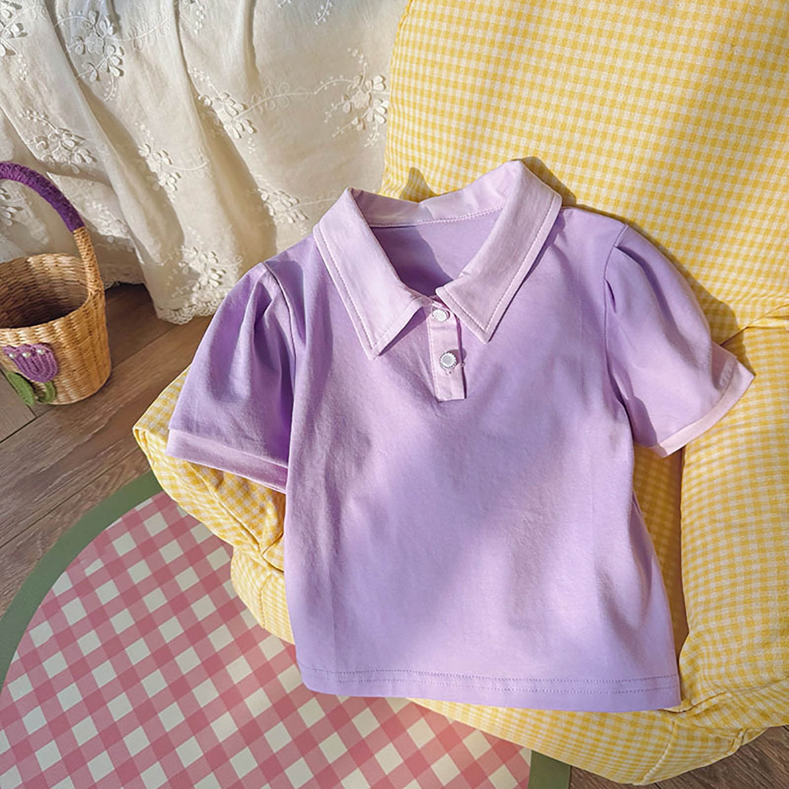 BAODANN Girls Casual Shirt Fashion Contrast Color Short Sleeve Collar ...