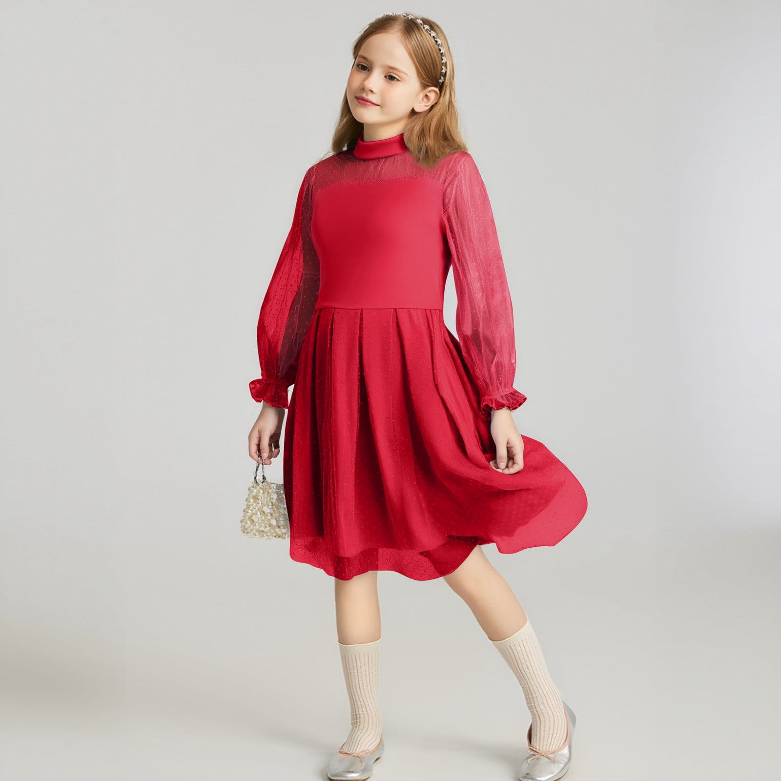 BAODANN Girls Dress Color Contrast Mesh Long Sleeve Long Light Dress ...