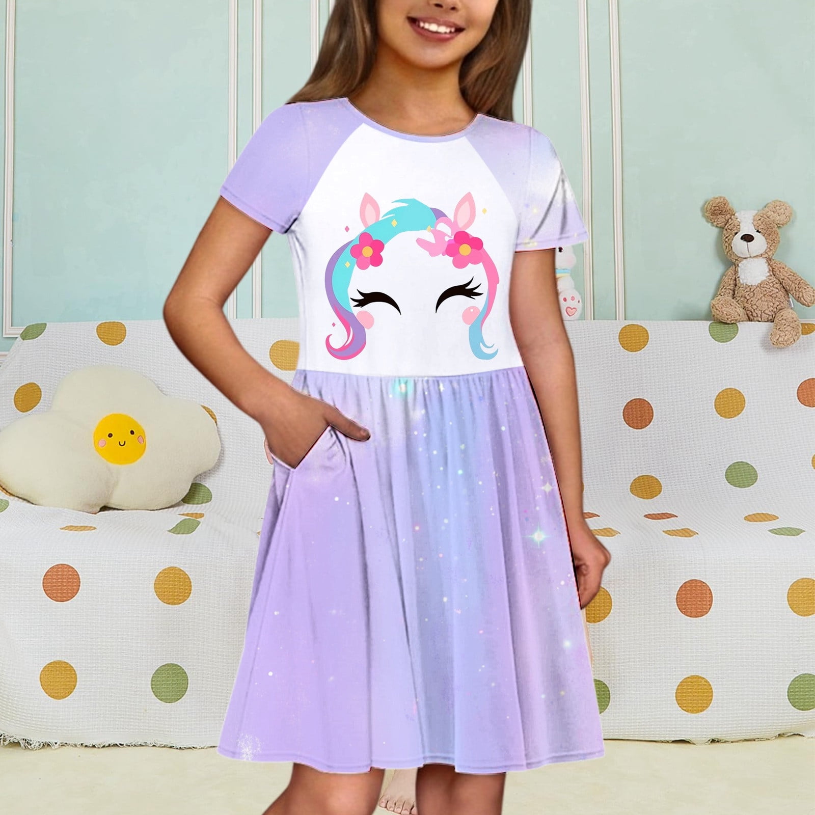 BAODANN Girls Dresses Casual Party Summer Outfit Floral Print A Line ...