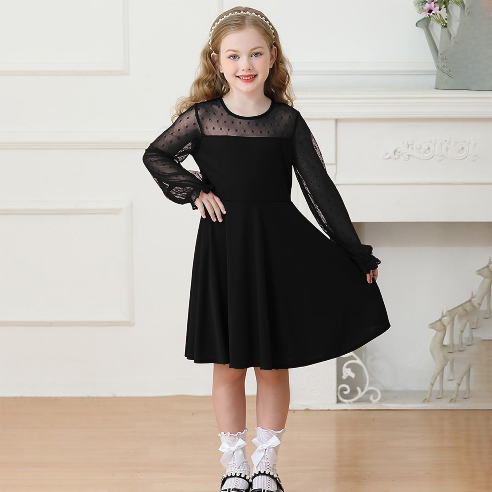 BAODANN Girls Lace Long Sleeve Solid Color Cute Dress For Ages 6 15 ...