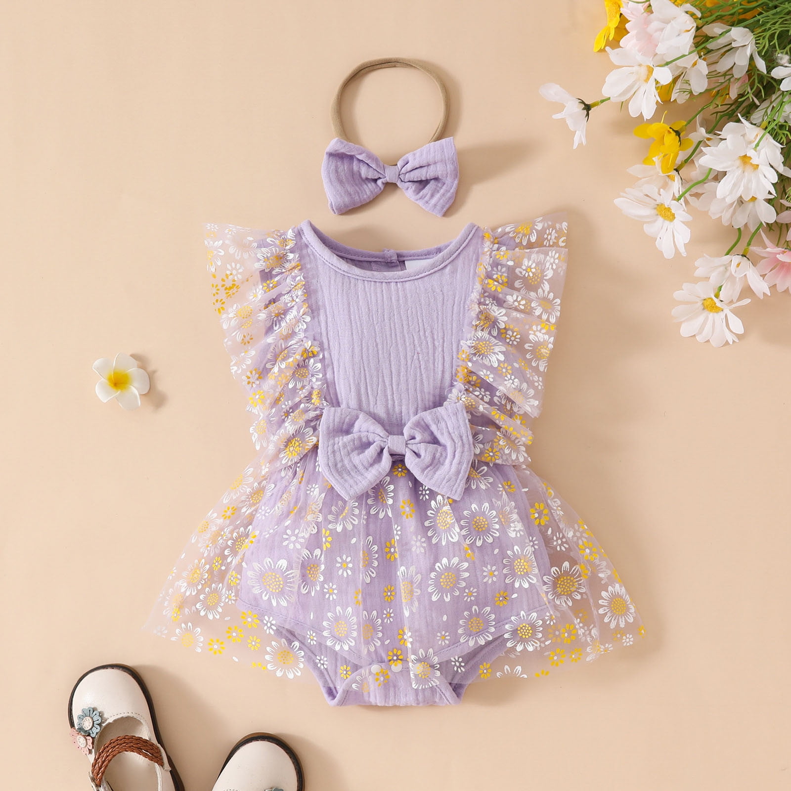 BAODANN Girls Lace Sleeveless Floral Romper Bodysuits Dress Headbands ...