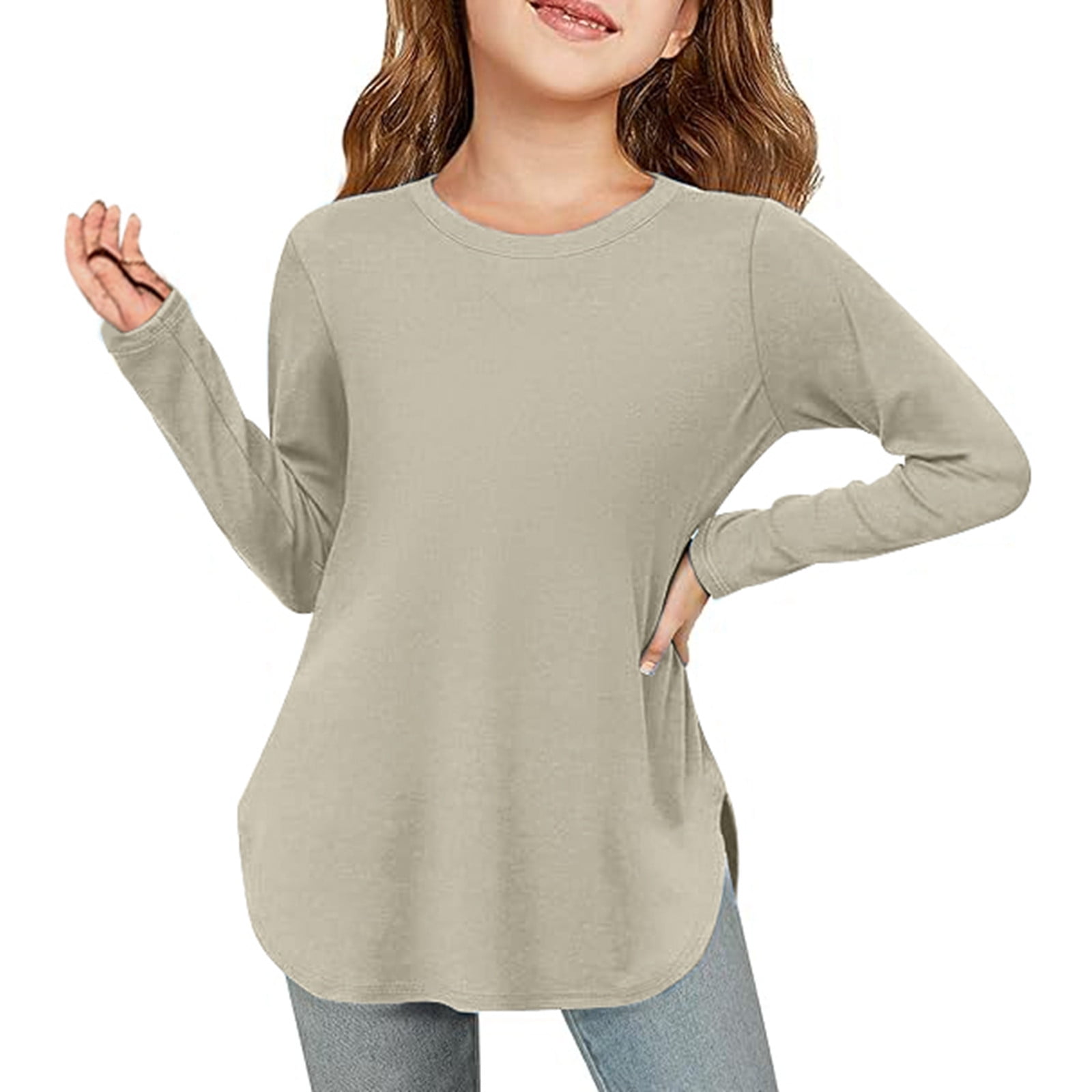 BAODANN Girls Long Sleeve Shirts Kids Arc Hem Side Slit Soft Tunic Tops ...