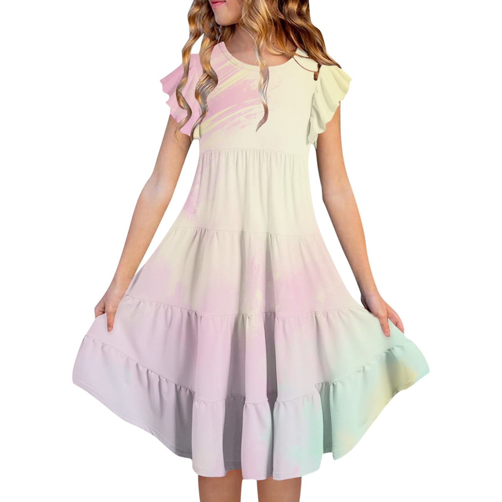 BAODANN Girls Summer Dresses Double Layer Flutter Sleeve Flowy A Line ...