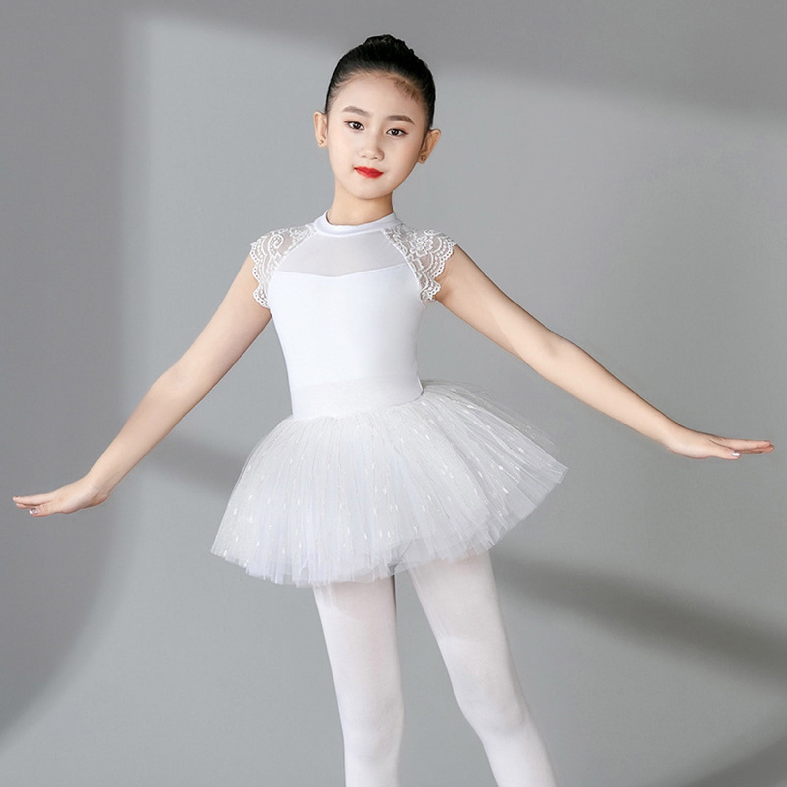 BAODANN Kid Girls Ballet Dance Dress Lace Short Sleeve Leotards With ...