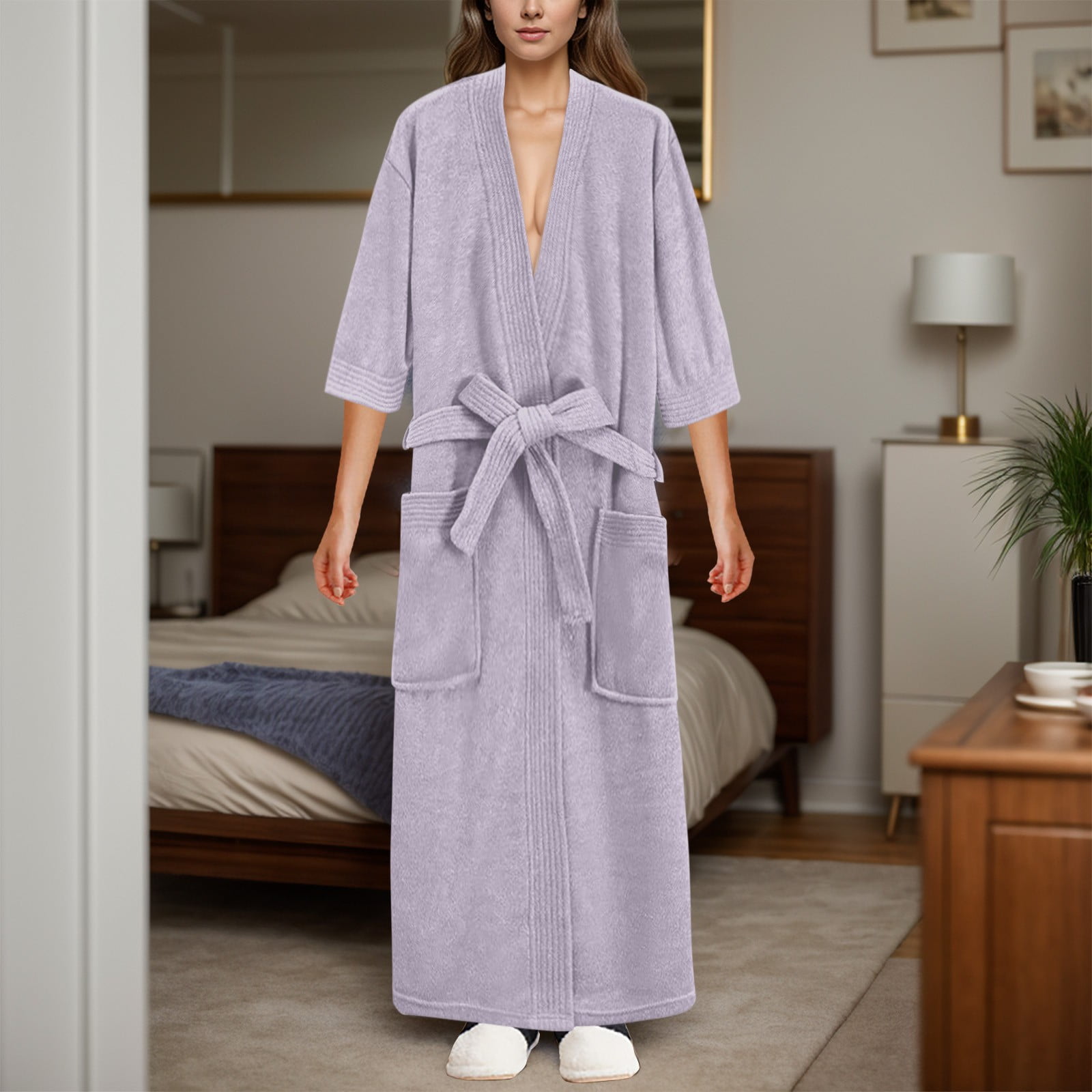 BAODANN Ladies Absorbent Quick Drying Short Sleeved Robe Long Comfy Robes for Women Shawl with ...