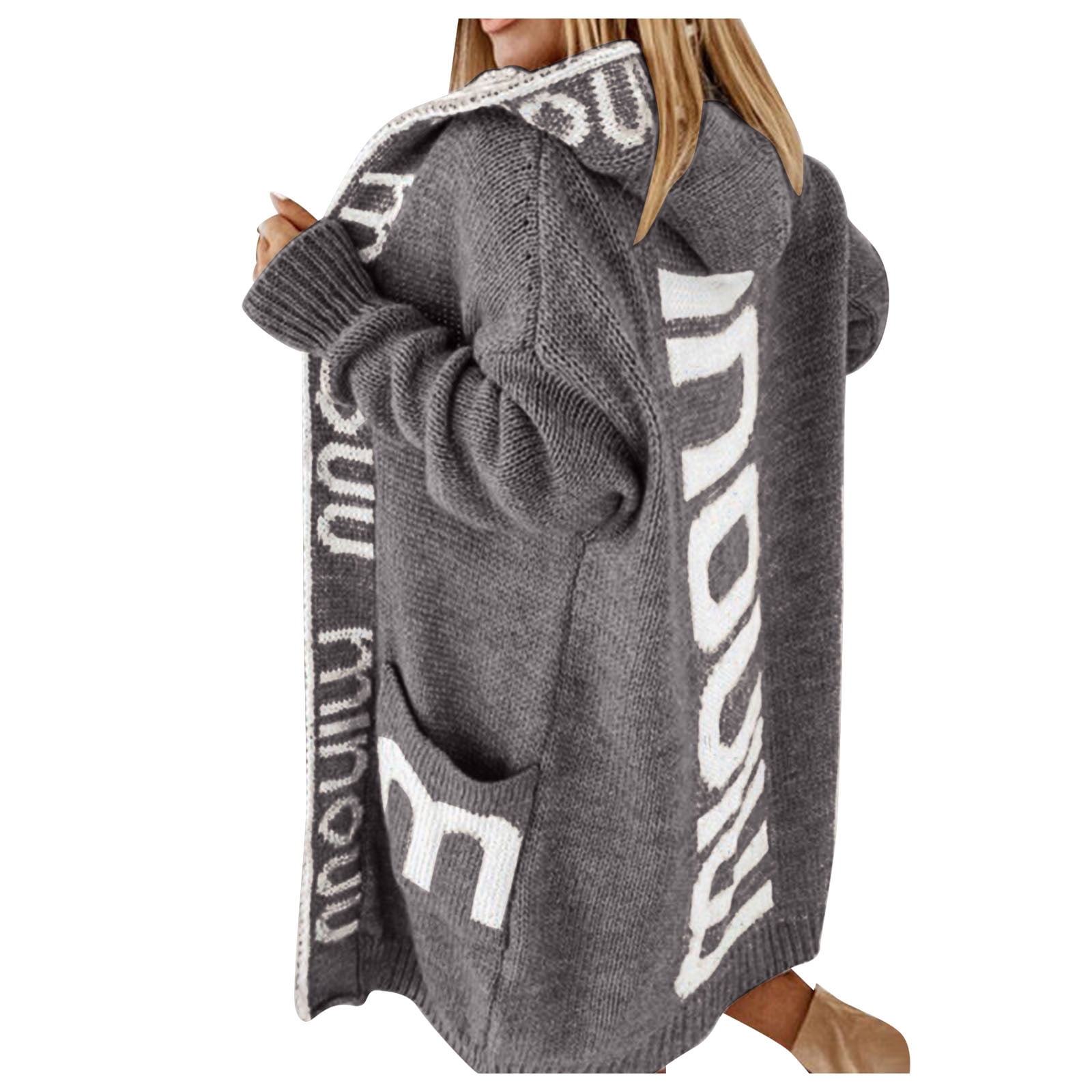 BAODANN Ladies Letter Print Knit Cardigan Buttonless Hoodie Casual ...