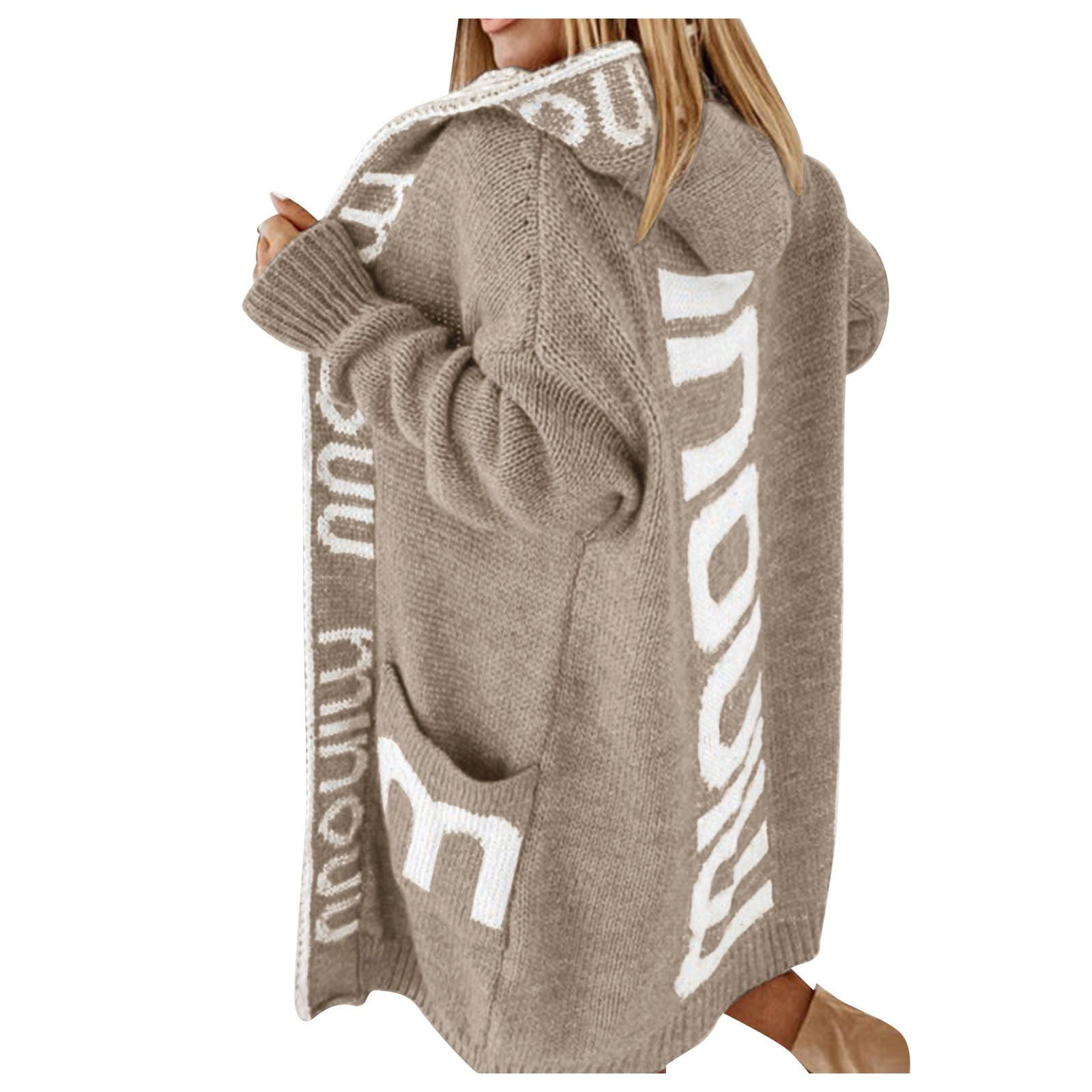 BAODANN Ladies Letter Print Knit Cardigan Buttonless Hoodie Casual ...