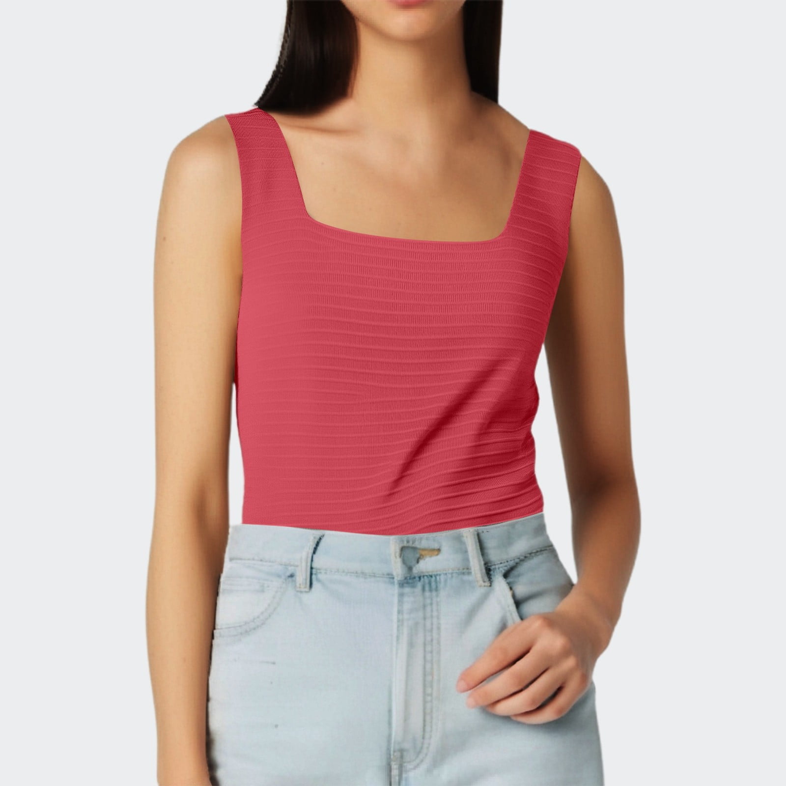 BAODANN Ladies Solid Color Square Neck Fitted Sleeveless Knit Top ...